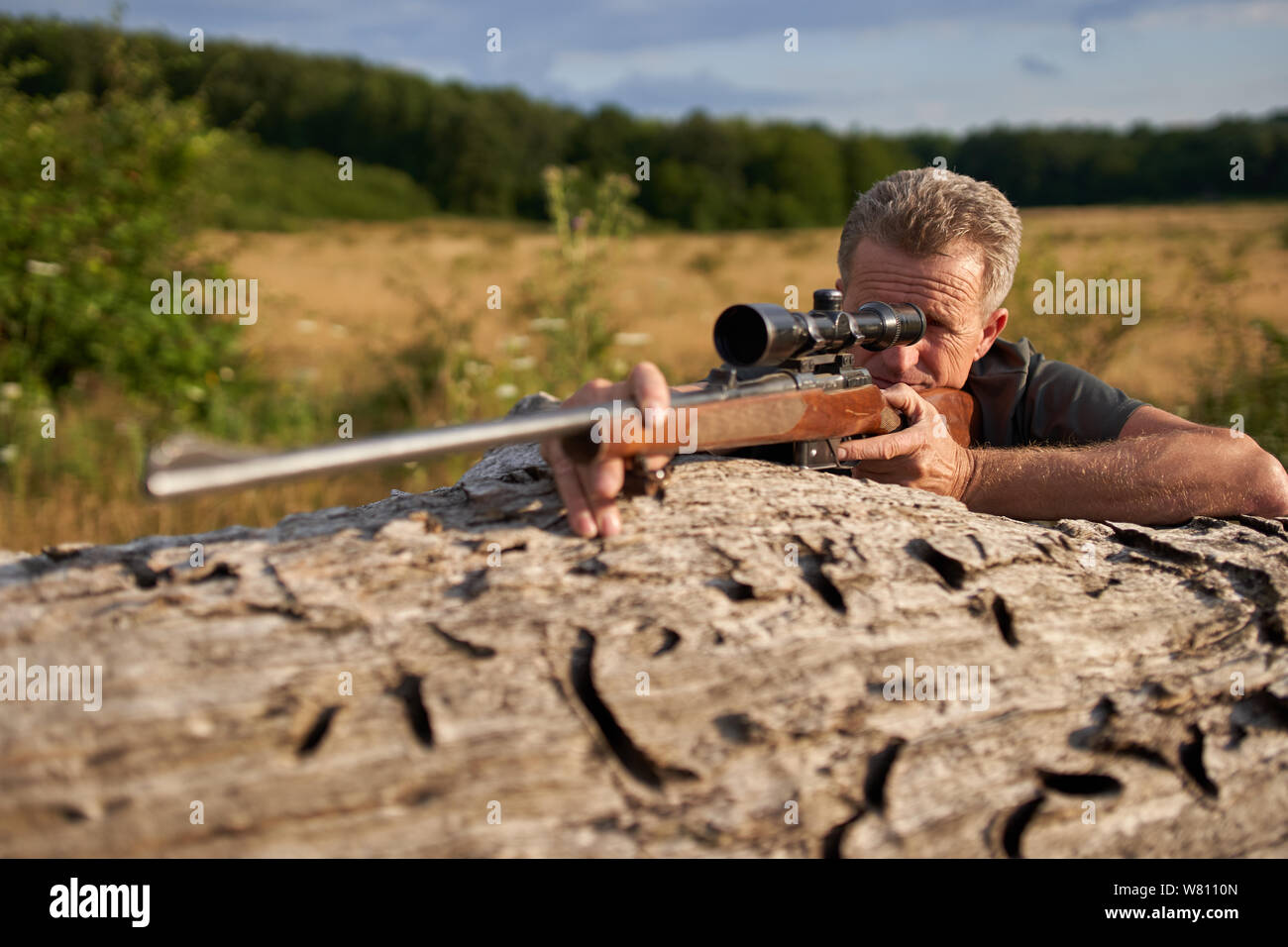 Hunter with rifle in the forest Stock Photo - Alamy