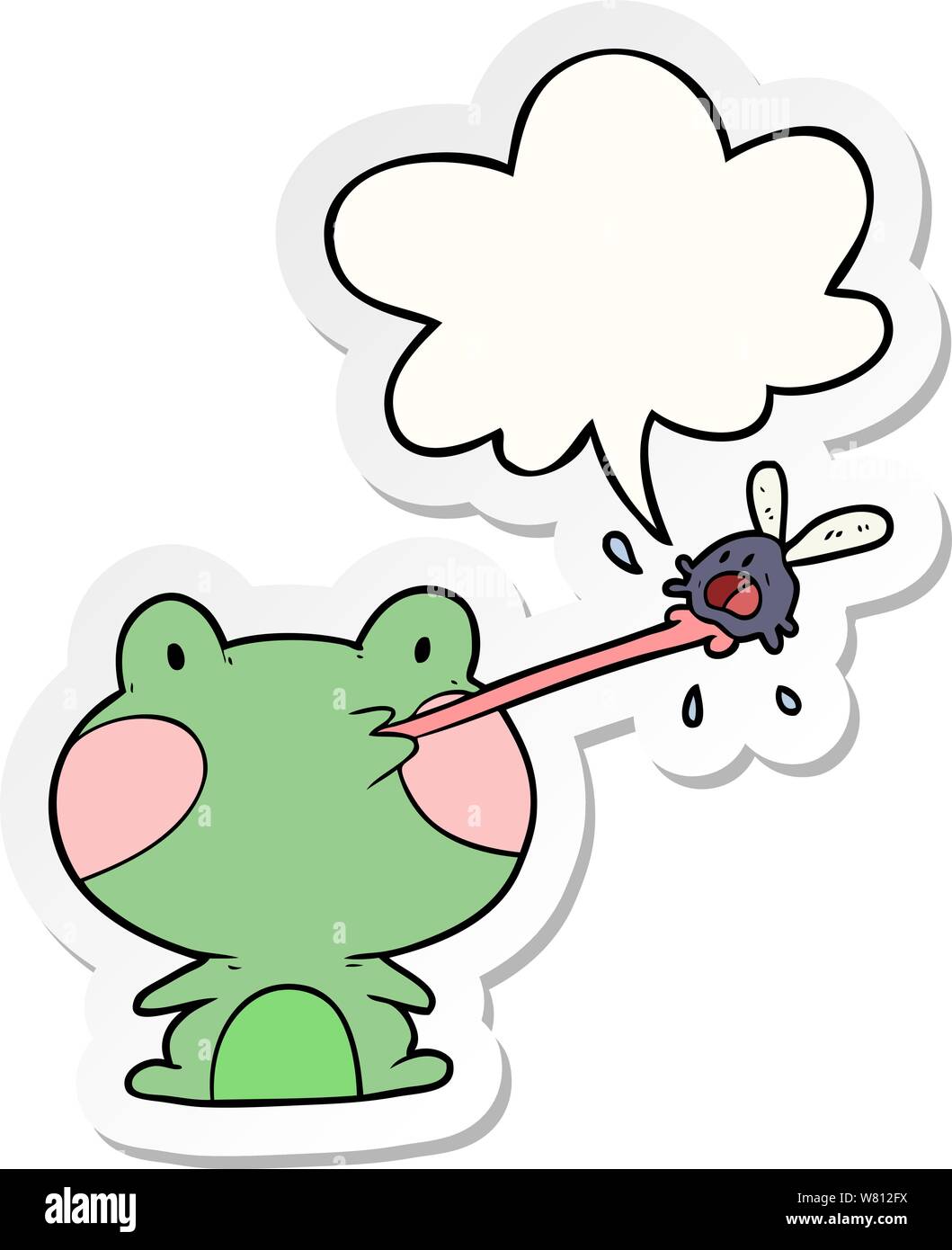 cute cartoon frog catching fly with tongue with speech bubble sticker ...