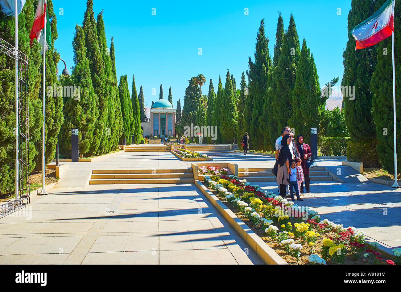 SHIRAZ, IRAN - OCTOBER 14, 2017: The scenic garden with cypress alley ...