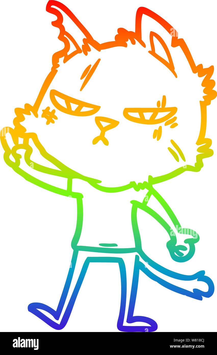rainbow gradient line drawing of a tough cartoon cat giving victory ...