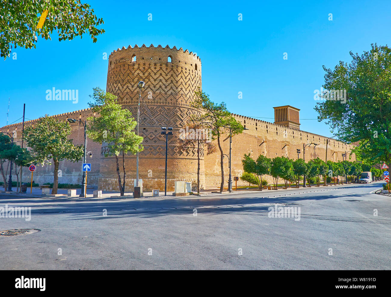 Observe historical Karim Khan citadel with circle watchtower, decorated ...