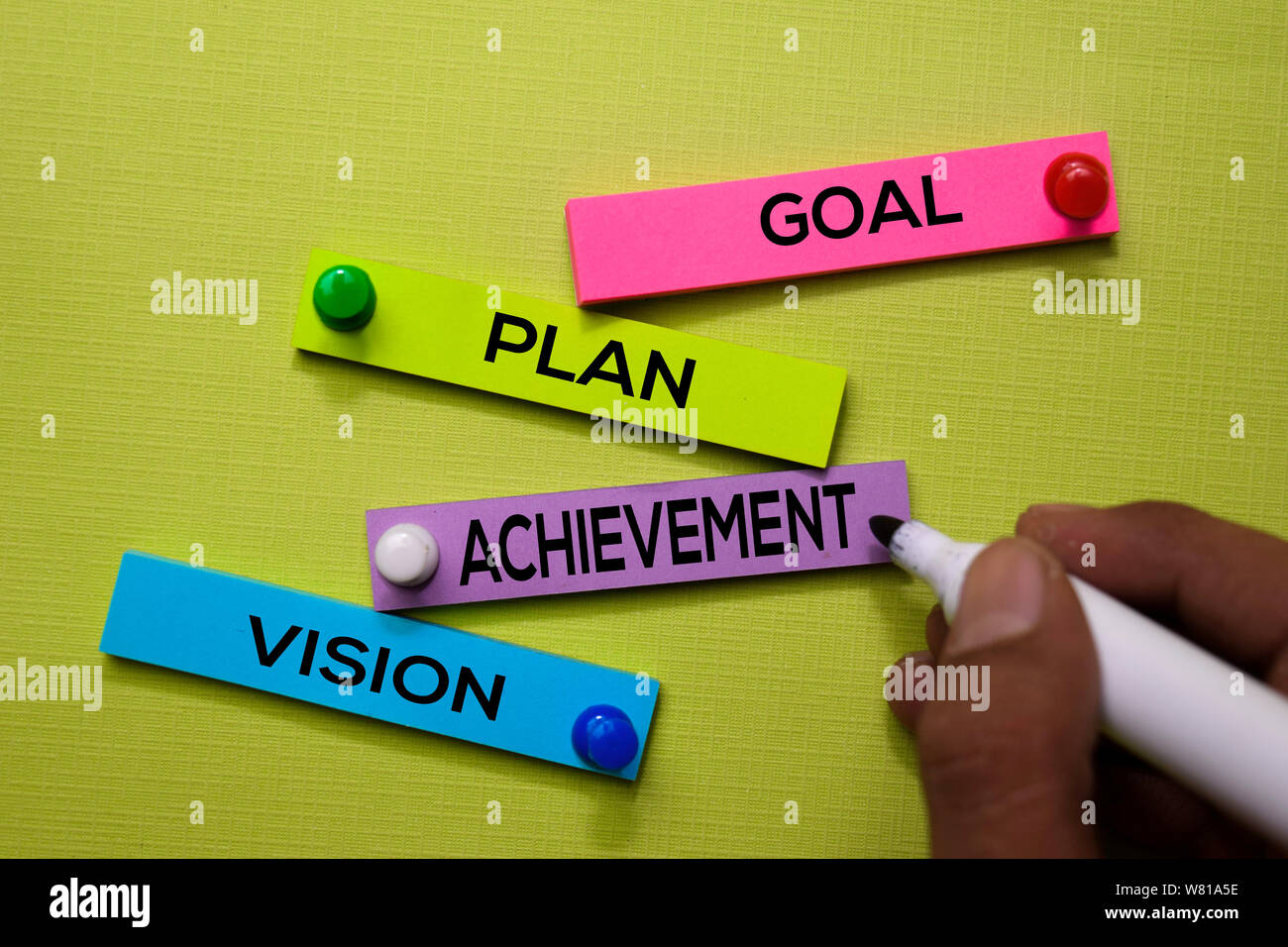 Goal, Plan, Achivement, Vision text on sticky notes isolated on green ...