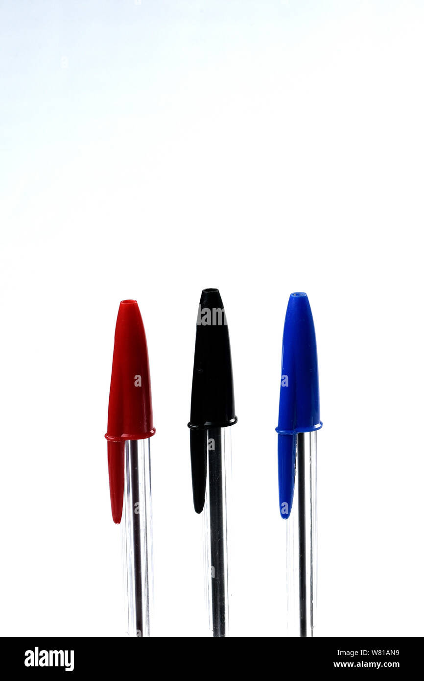 colorful ballpoint pens on white background Stock Photo - Alamy