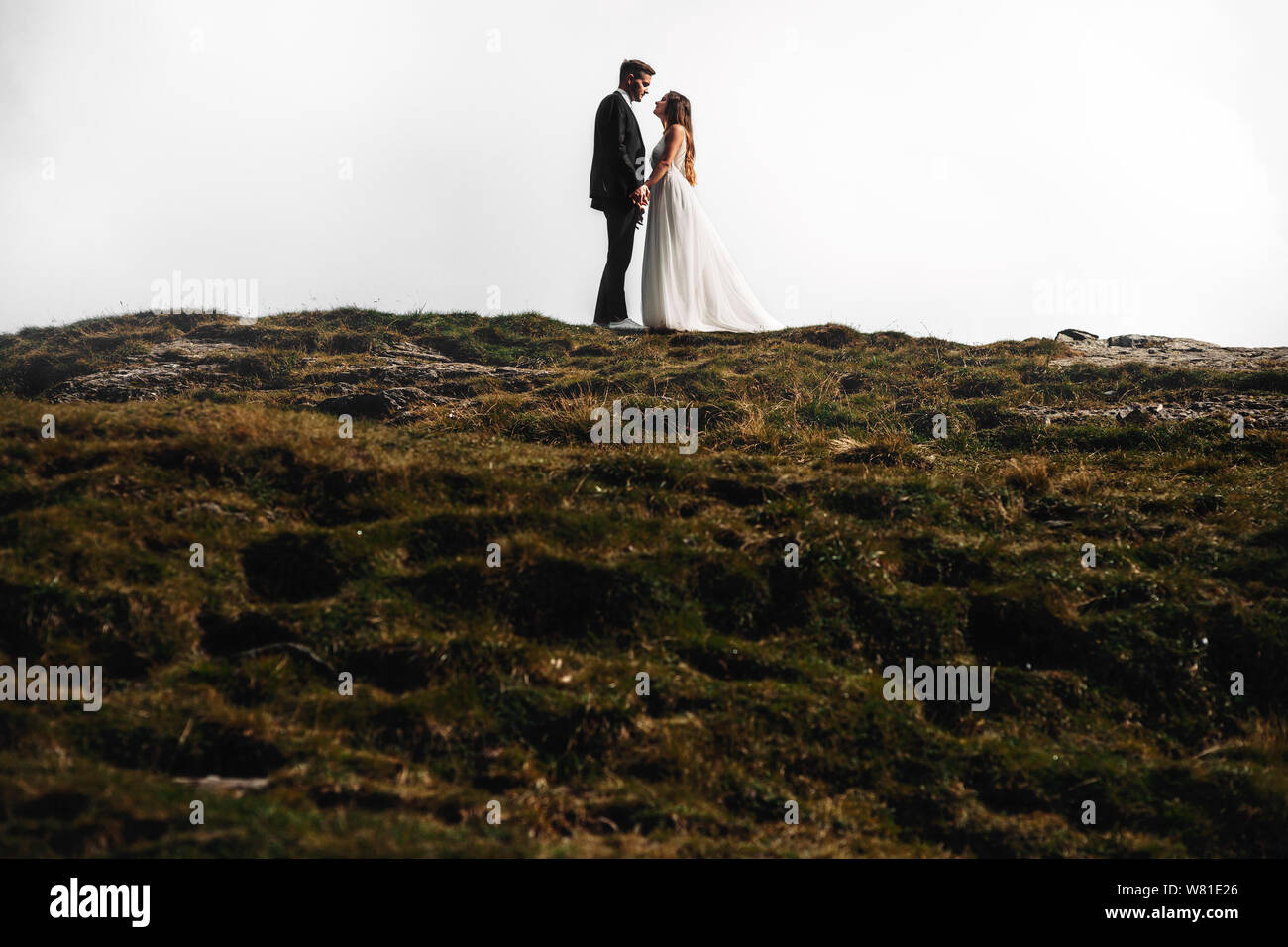 Full length of a amazing married couple embracing on a mountain Stock ...