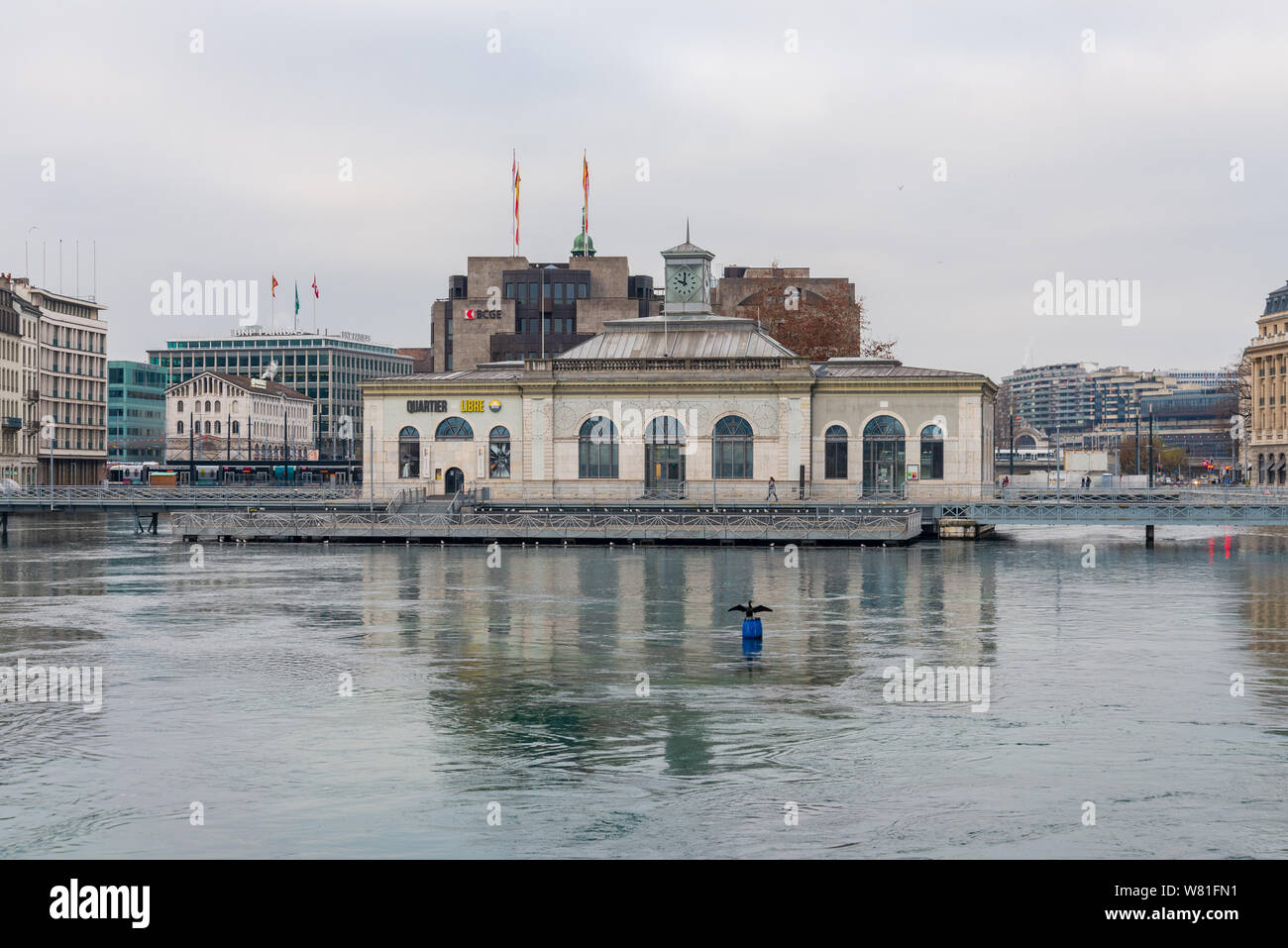 City view of waterside and pedestrian bridge cross Lake Geneva and ...