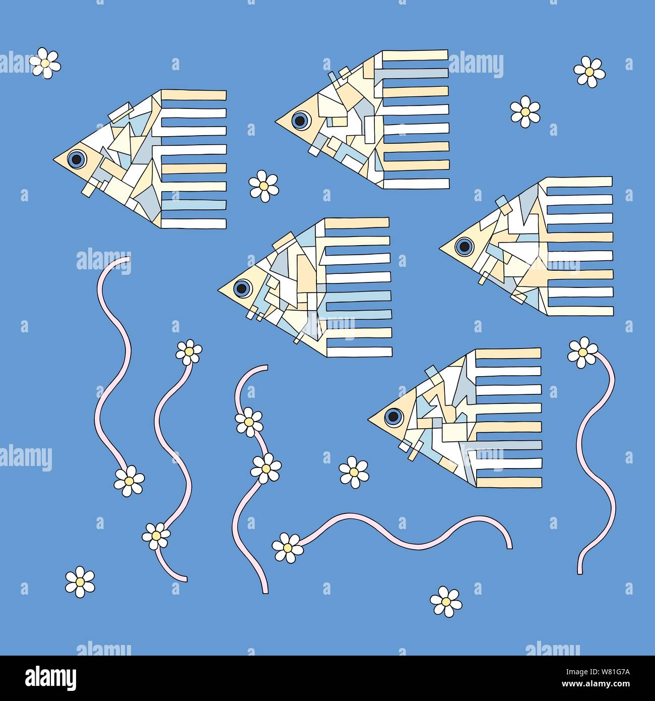 Fishes hand drawn vector illustration. Abstract geometric sea animals ...