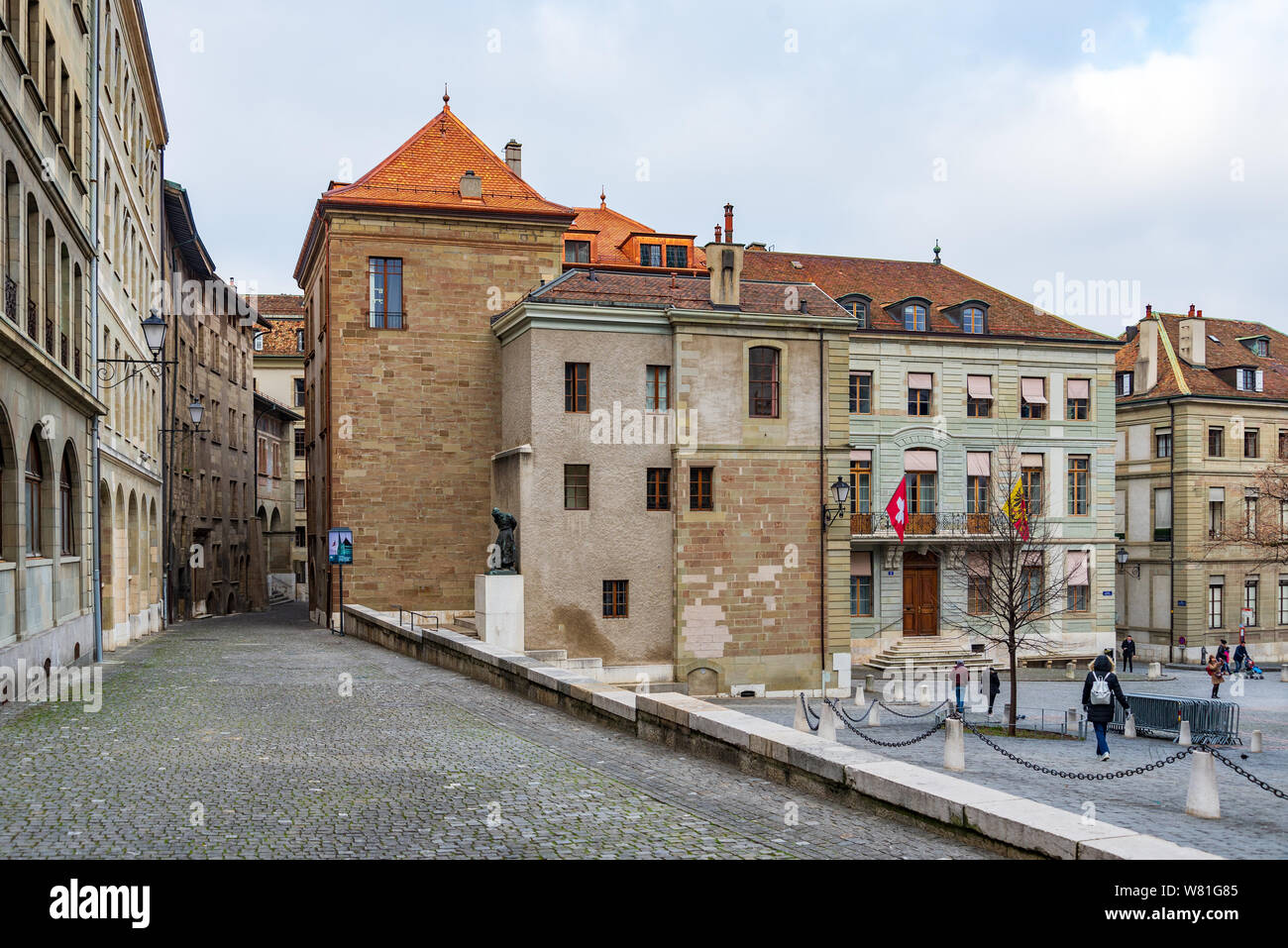 Plaza, street, monument and historical buildings around St Pierre ...