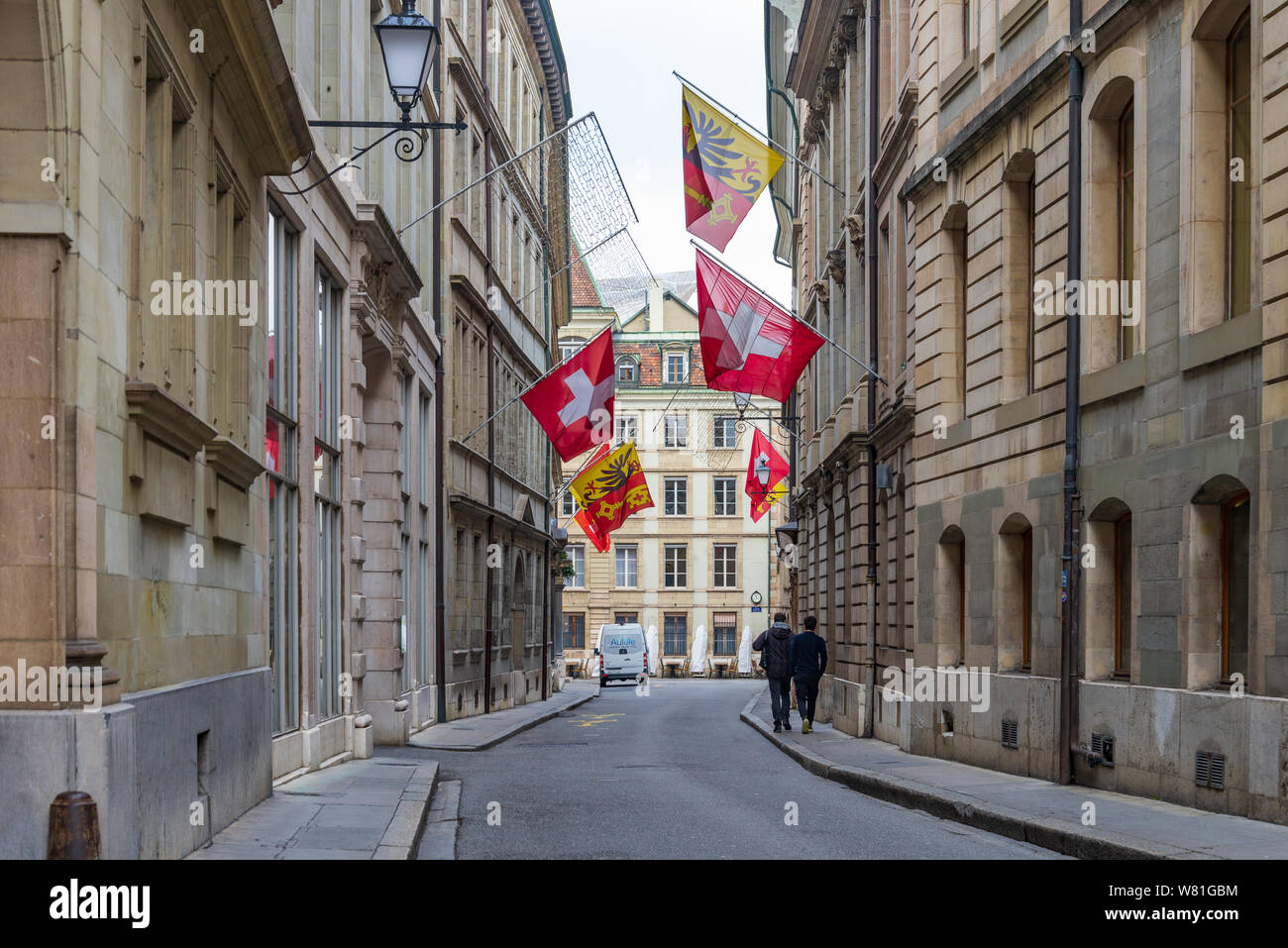 Outdoor street view on the street along with old buildings and Swiss ...