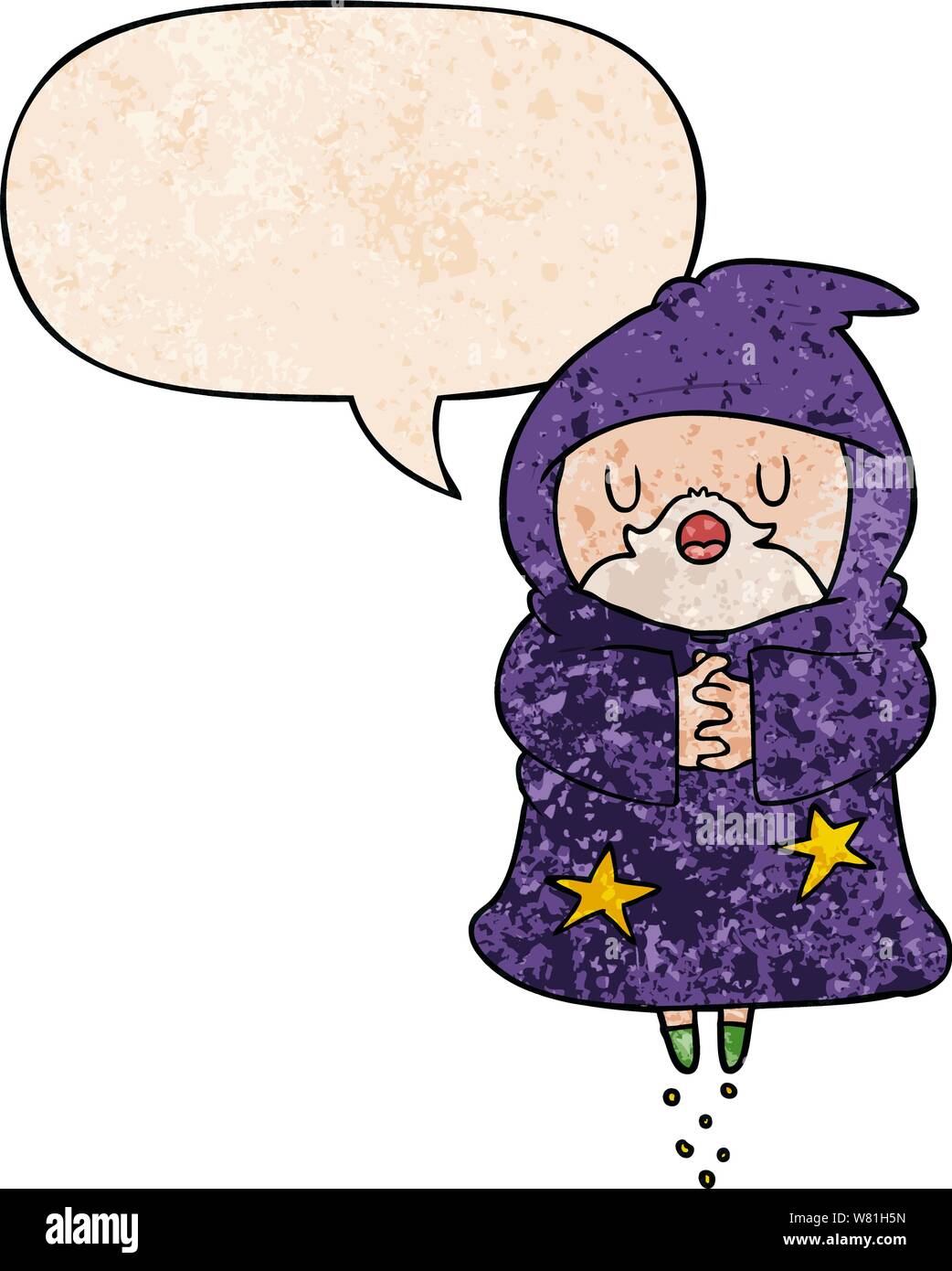 cartoon floating wizard with speech bubble in retro texture style Stock ...