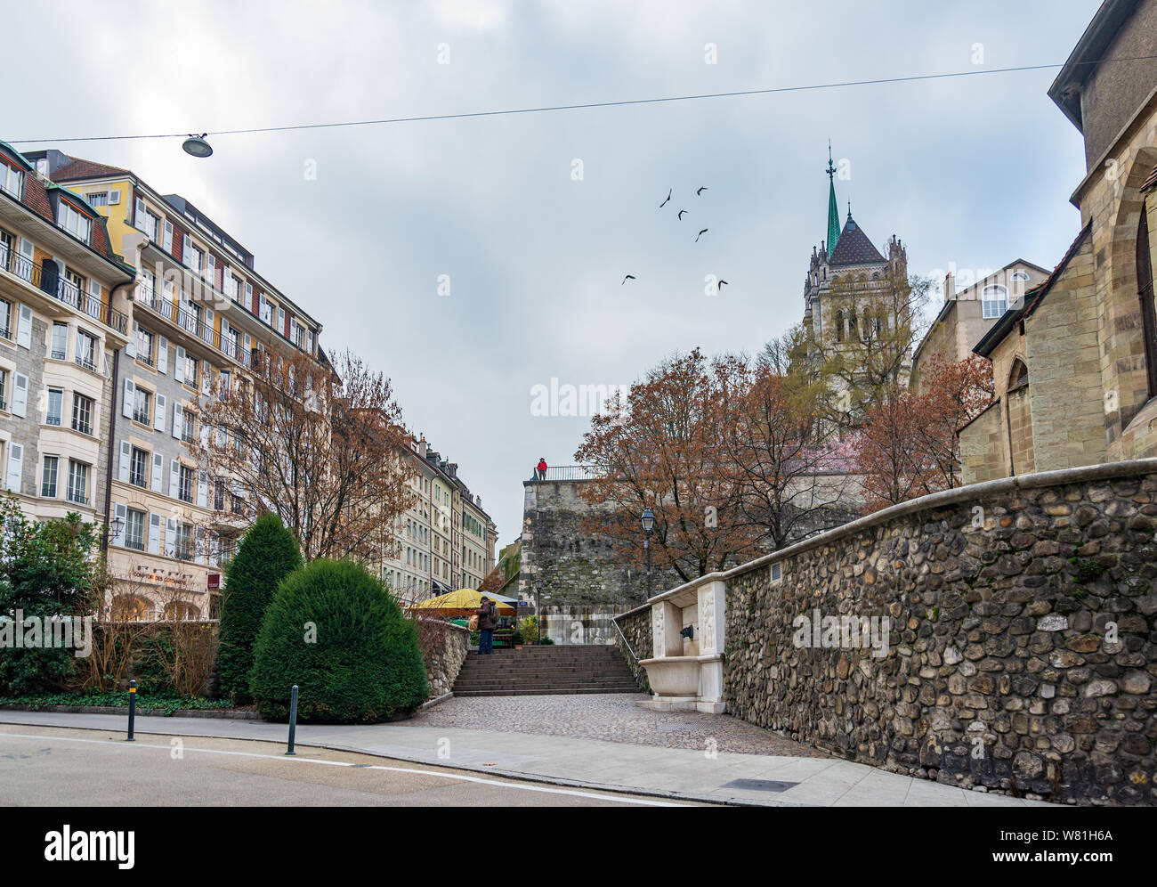 Outdoor scenery of old medieval town in Geneva, Switzerland with plaza ...