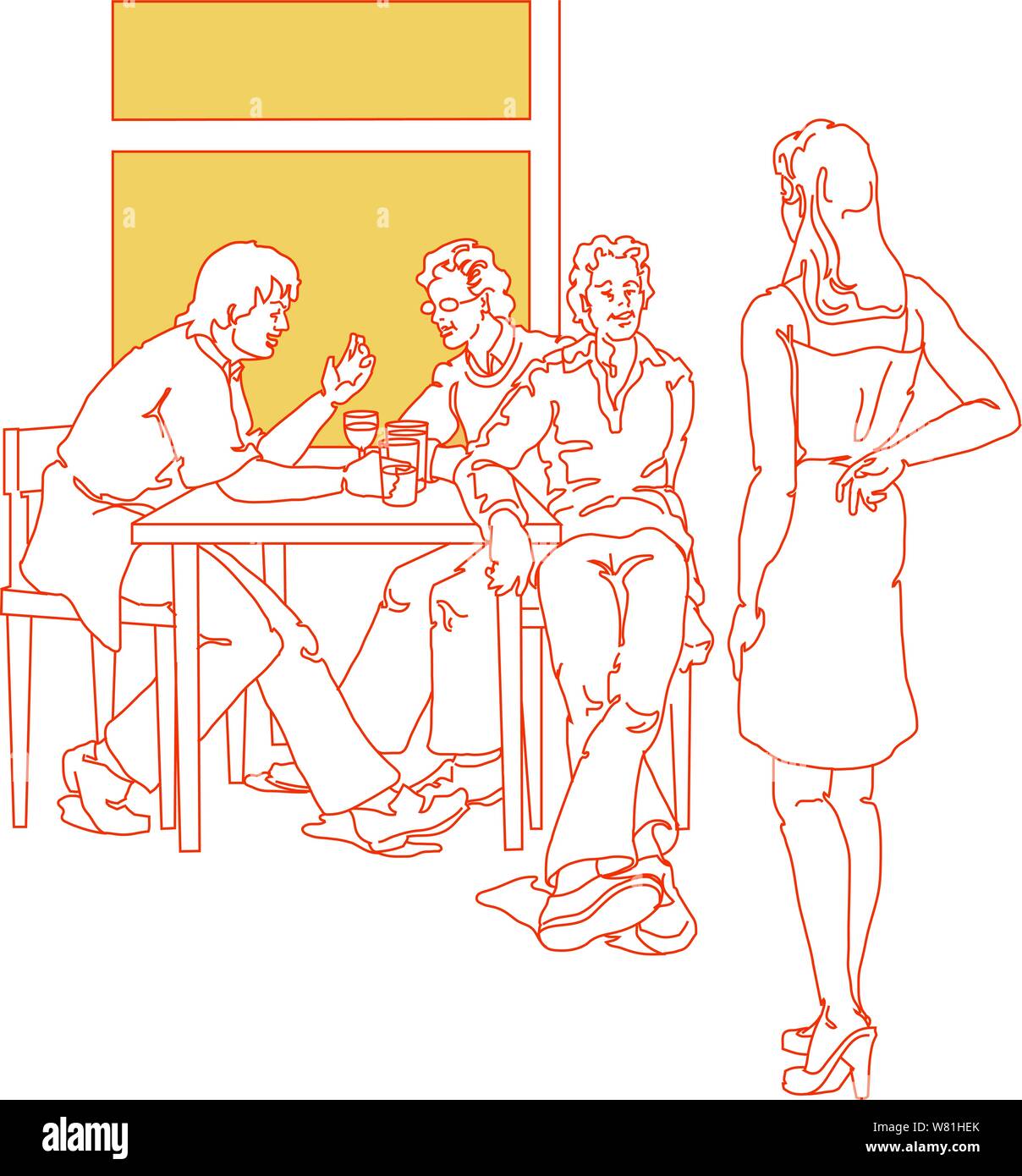 Two men sit talking while their friend chats up a girl standing beside ...