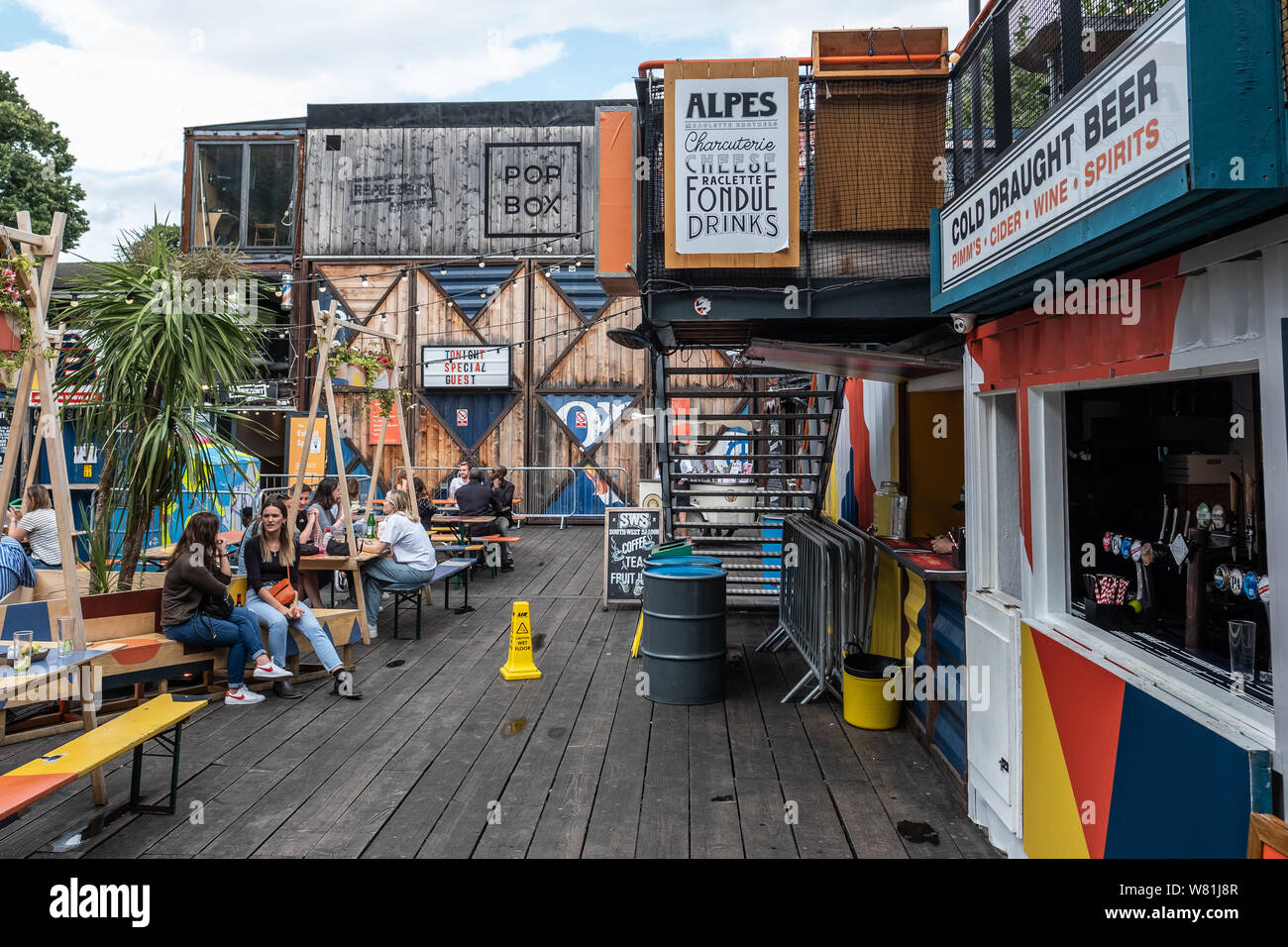 LONDON- AUGUST, 2019: Pop Brixton, retailers and street food outlets ...