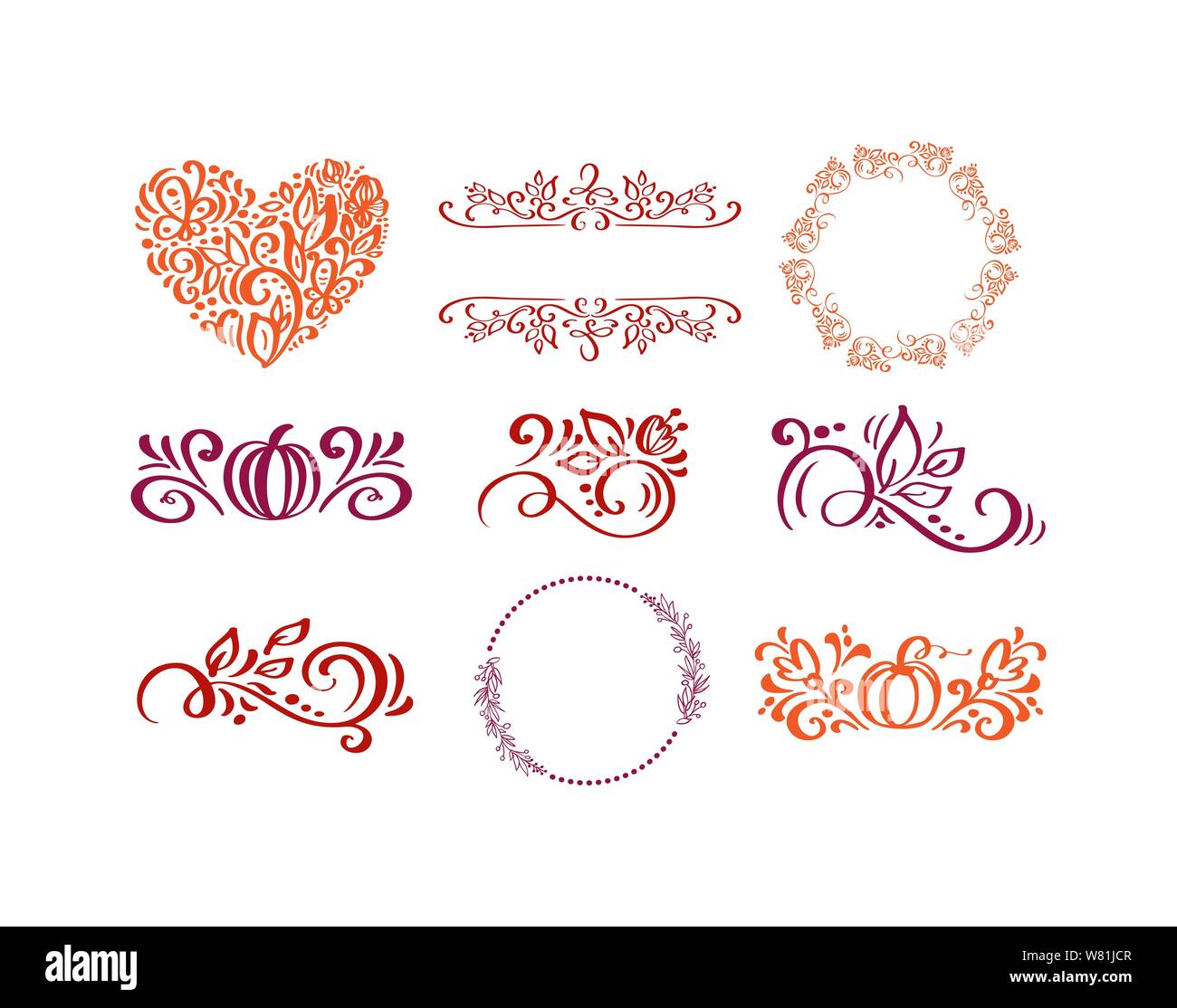 Vector set of doodle floral elements. Autumn flourish collection ...