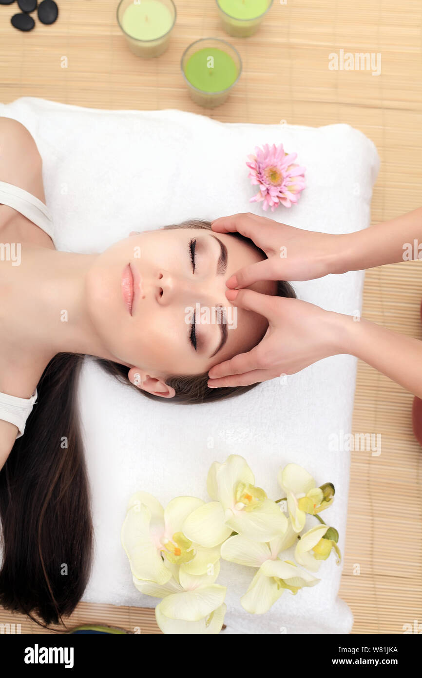 Spa relaxation, skincare, healthy pleasure concept. Woman lying with ...