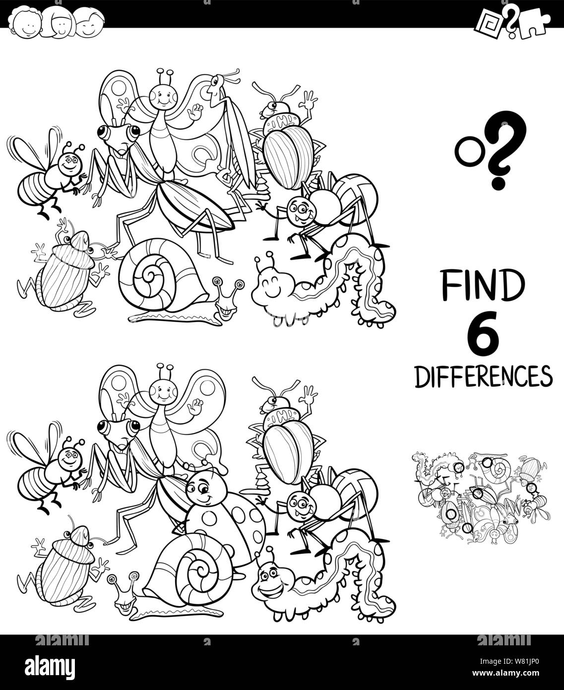 Black and White Cartoon Illustration of Finding Six Differences Between ...