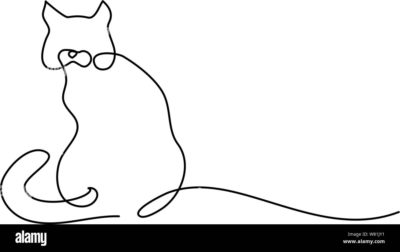 Continuous one line drawing. Cat sitting with curled tail. Vector ...