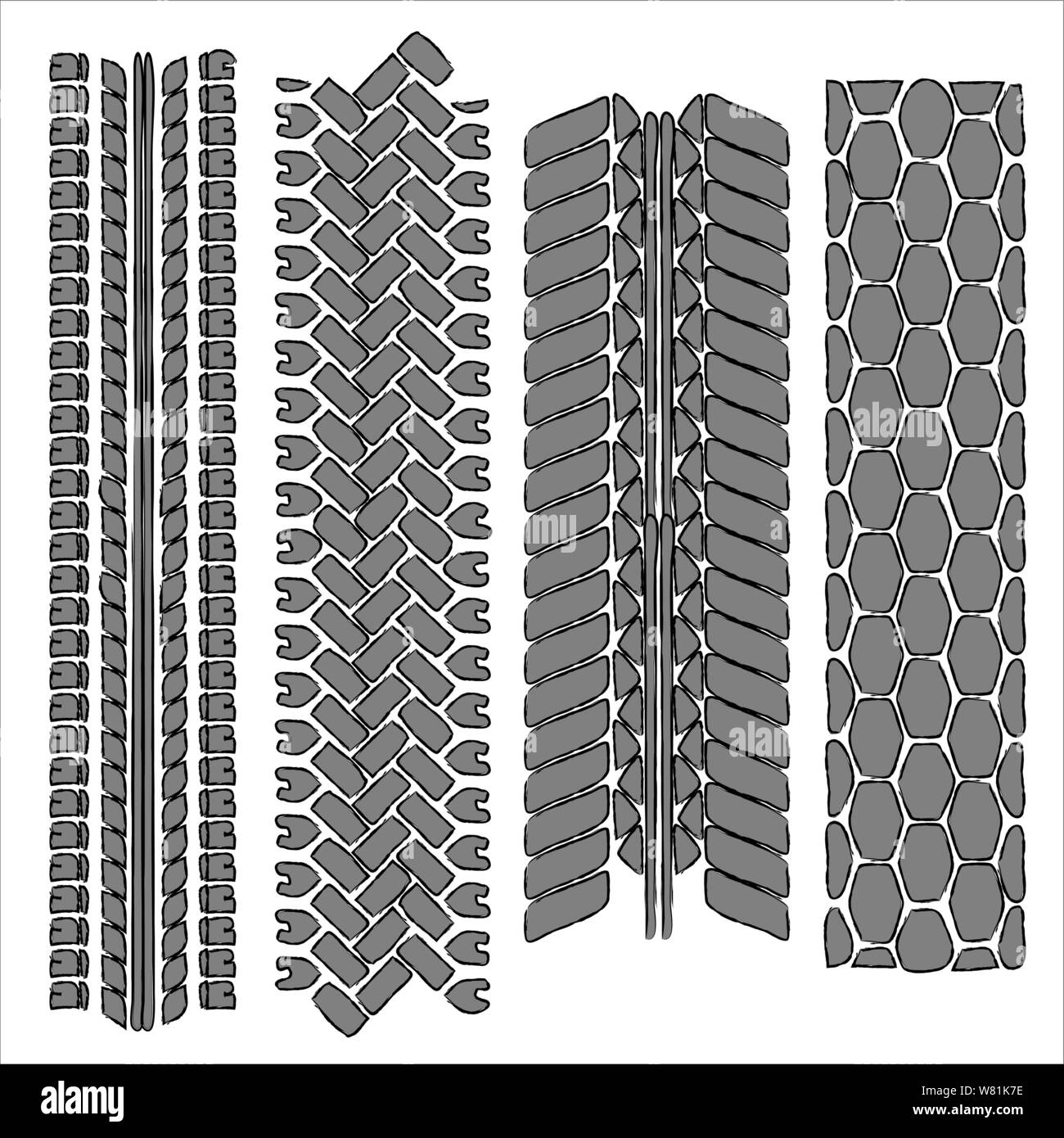 Four gray tire tracks with outline stroke isolated on white background ...