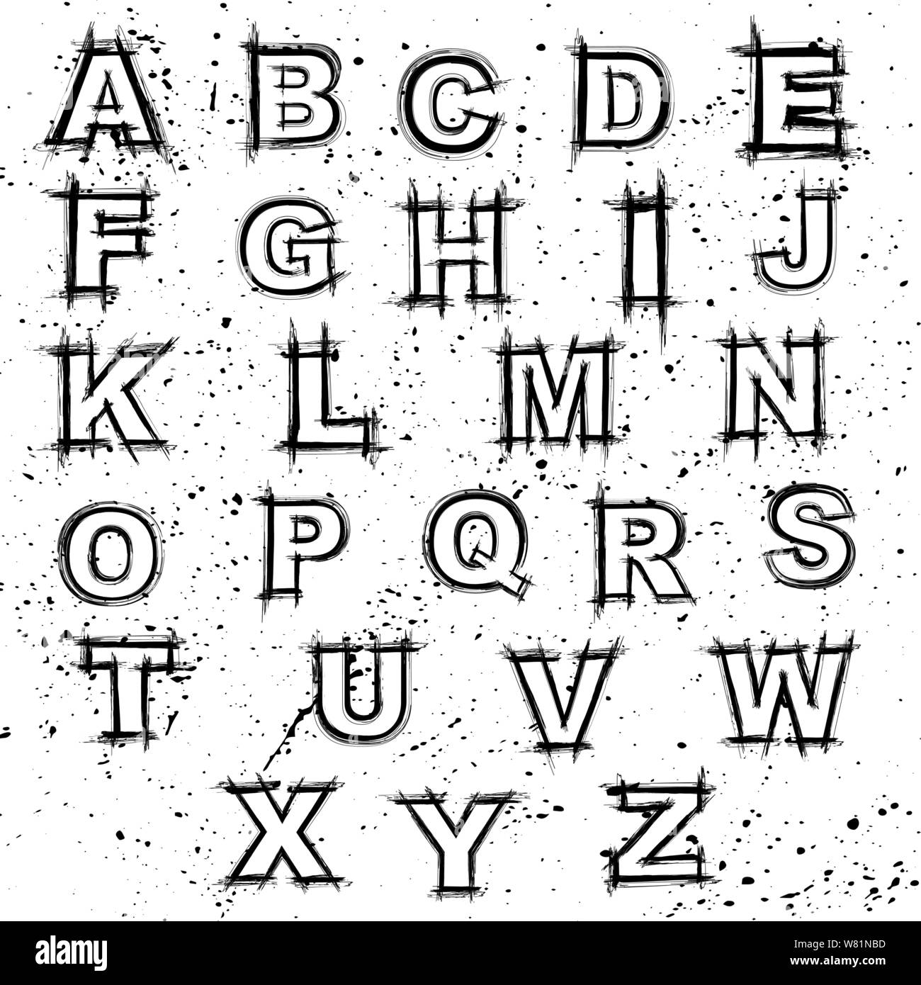 Black outline grunge English alphabet isolated on white background ...