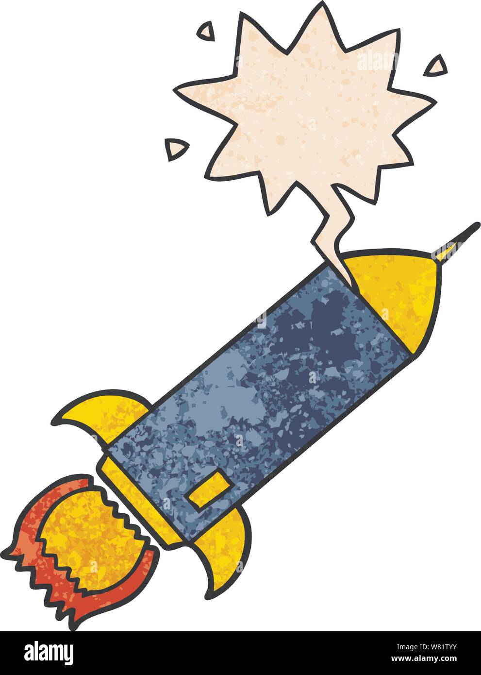 cartoon rocket with speech bubble in retro texture style Stock Vector ...