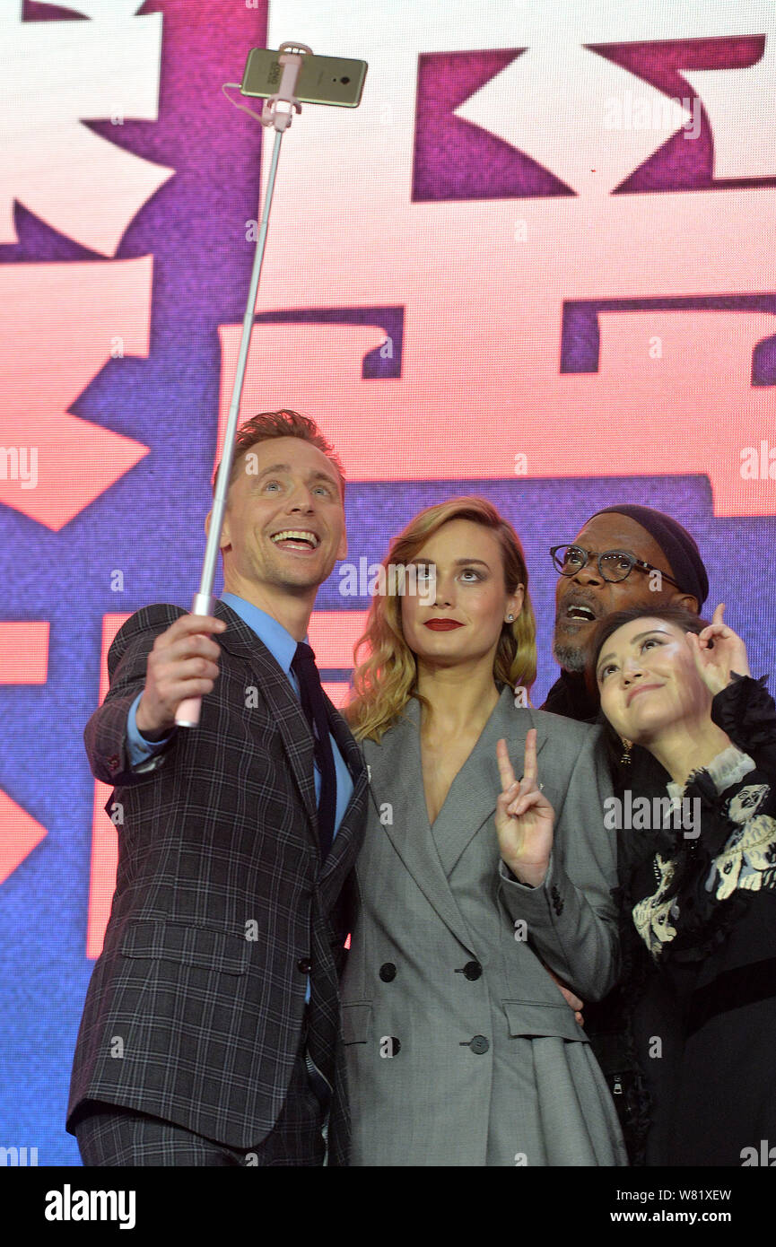 (From left) English actor Tom Hiddleston, American actress Brie Larson ...