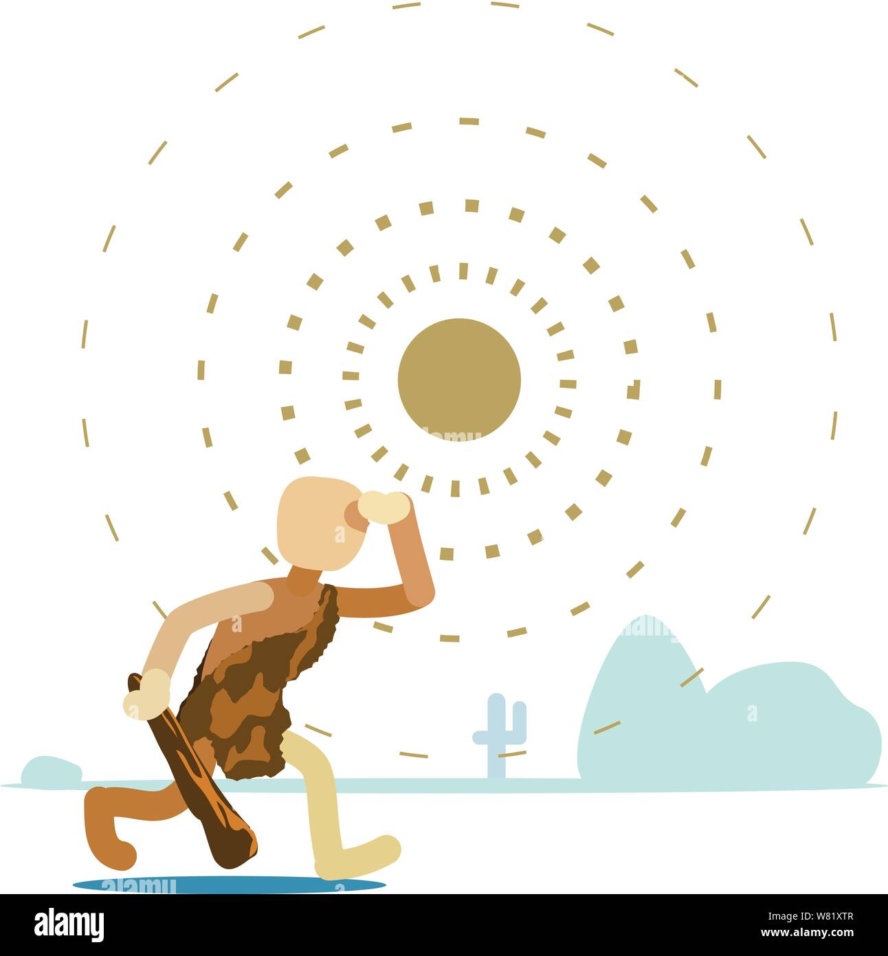 Caveman walks across a desert as a hot sun beats down on him. In the ...