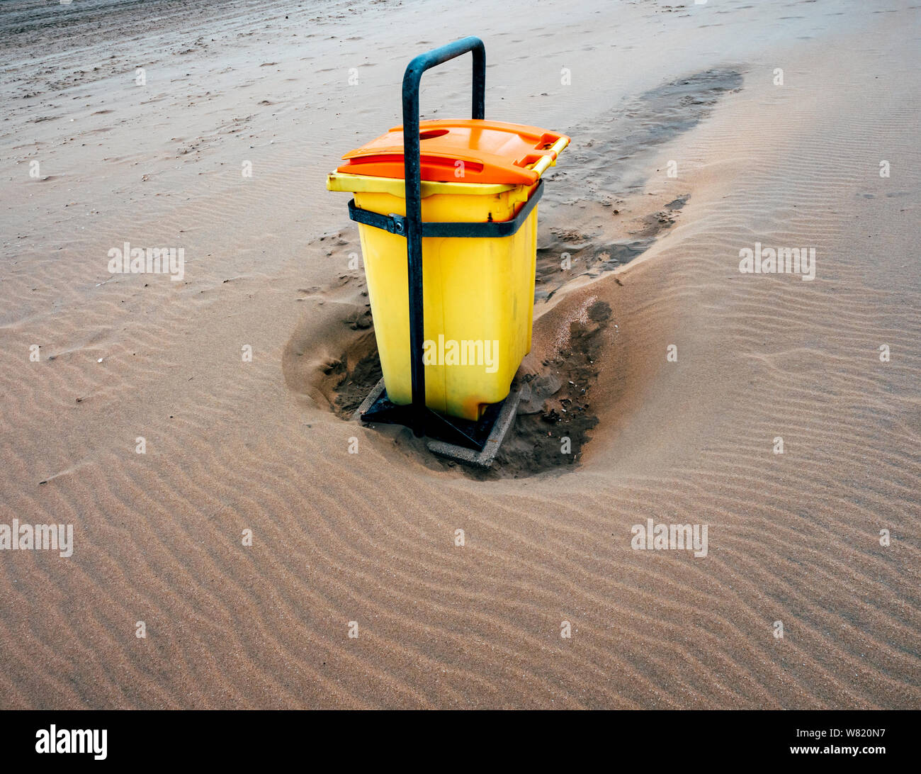 Modern yellow garbage bin waste collection on the sand beach in ...