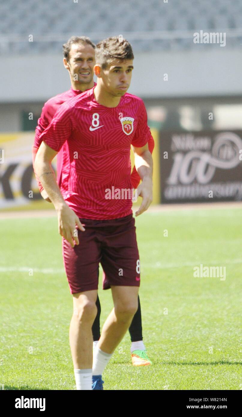 Brazilian football star Oscar of Shanghai SIPG takes part in a training ...