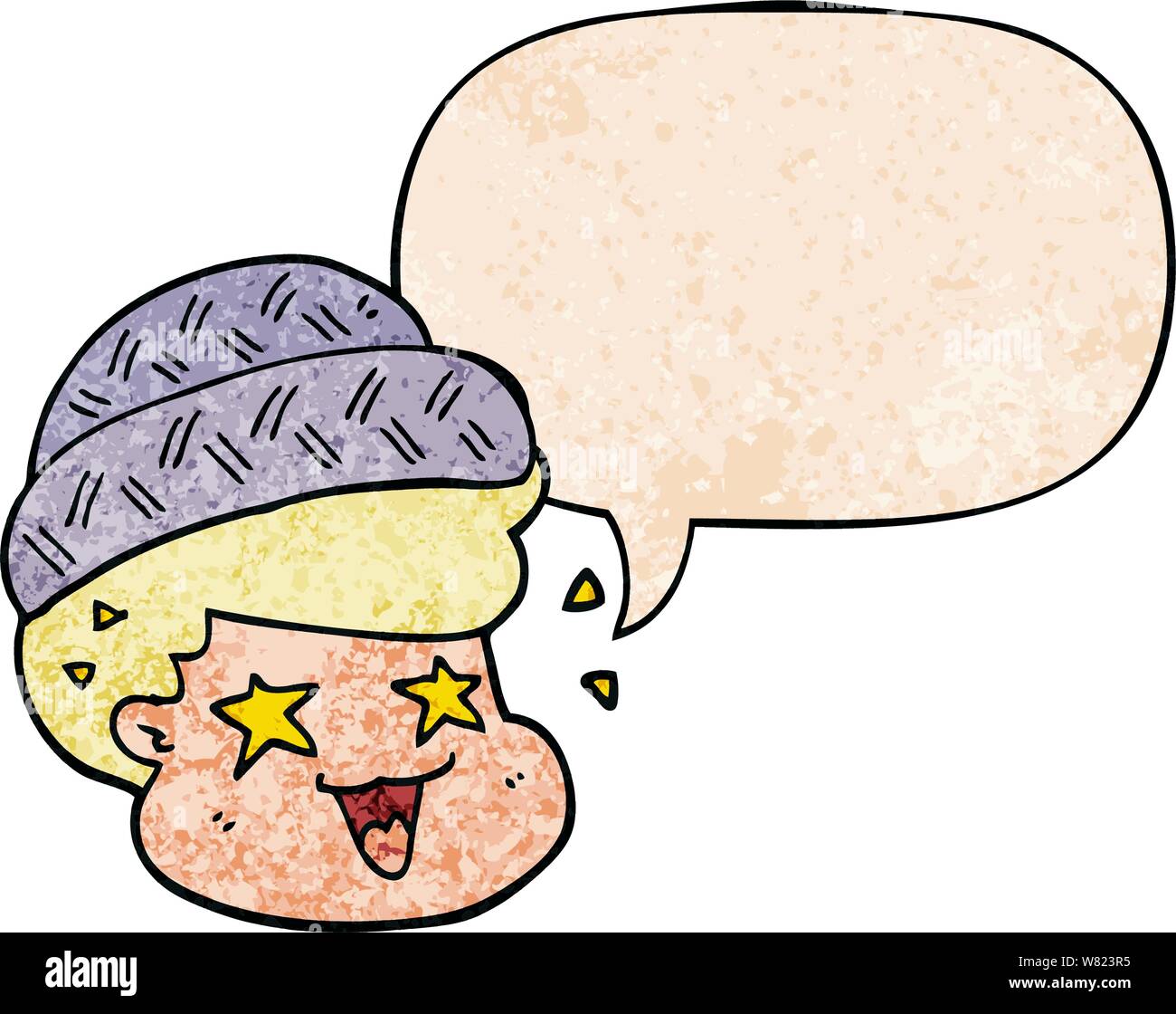 cartoon boy wearing hat with speech bubble in retro texture style Stock ...