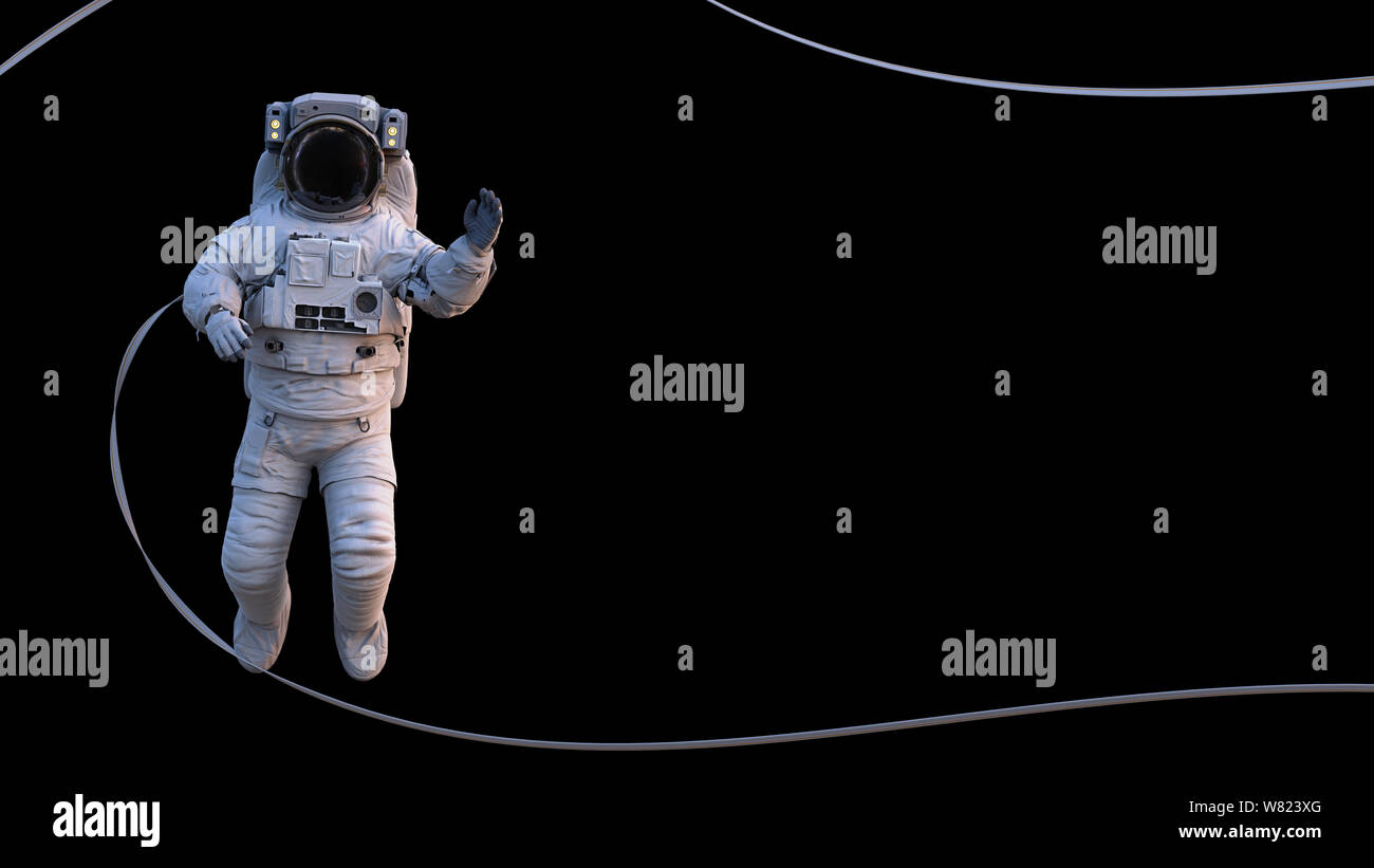 astronaut with safety tether waving, isolated on black background Stock ...