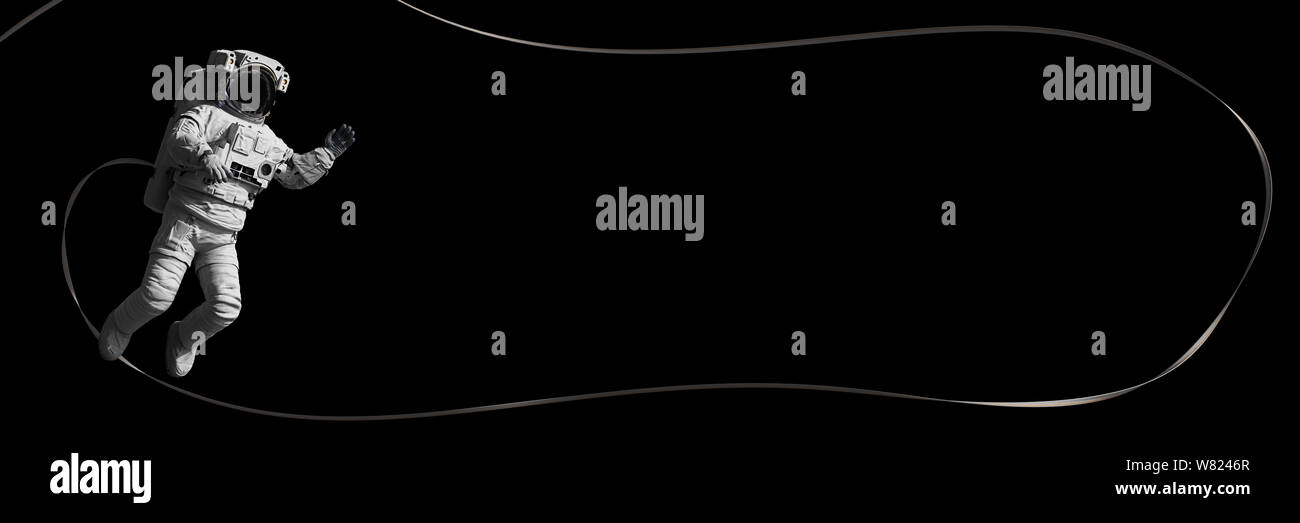 astronaut with safety tether during space walk, isolated on black ...