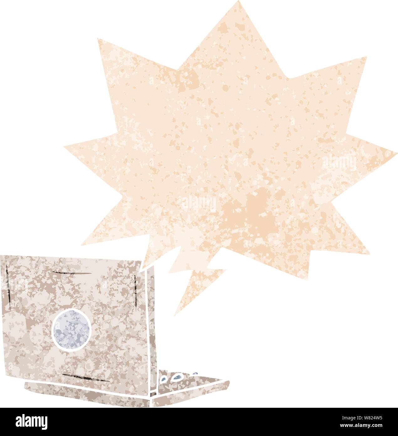 cartoon laptop computer with speech bubble in grunge distressed retro ...
