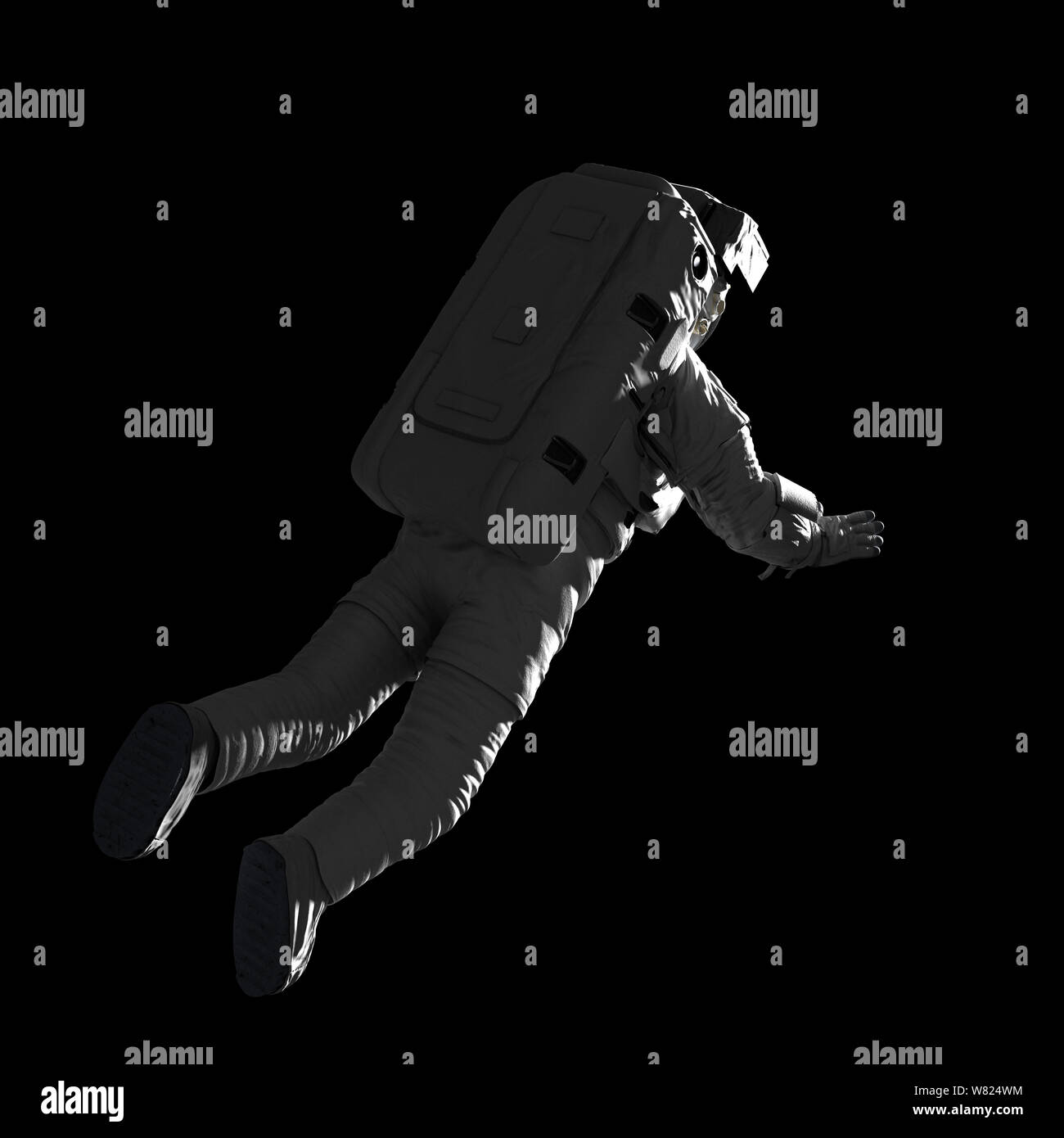 flying astronaut from behind, isolated on black background Stock Photo ...