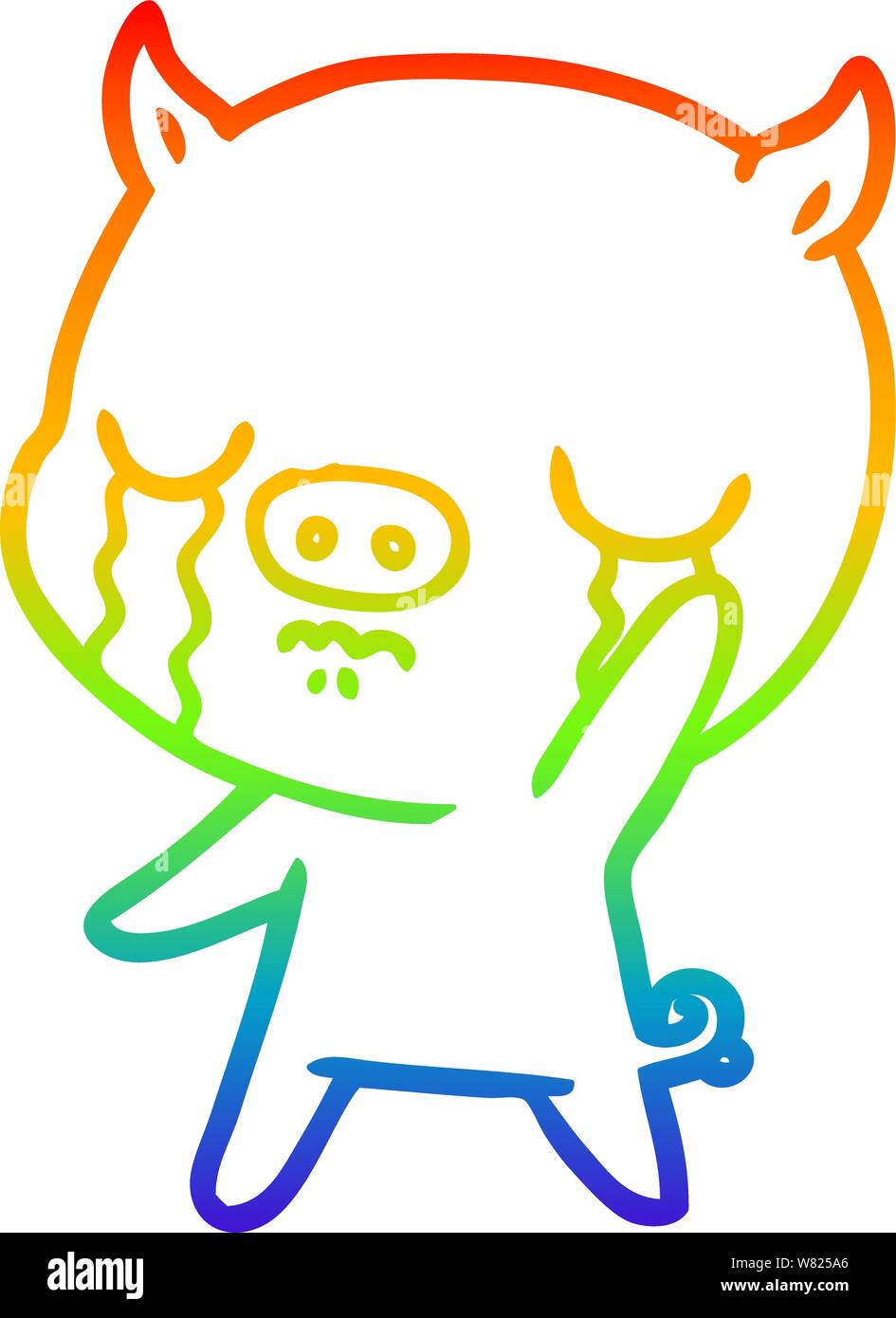 rainbow gradient line drawing of a cartoon pig crying waving goodbye ...