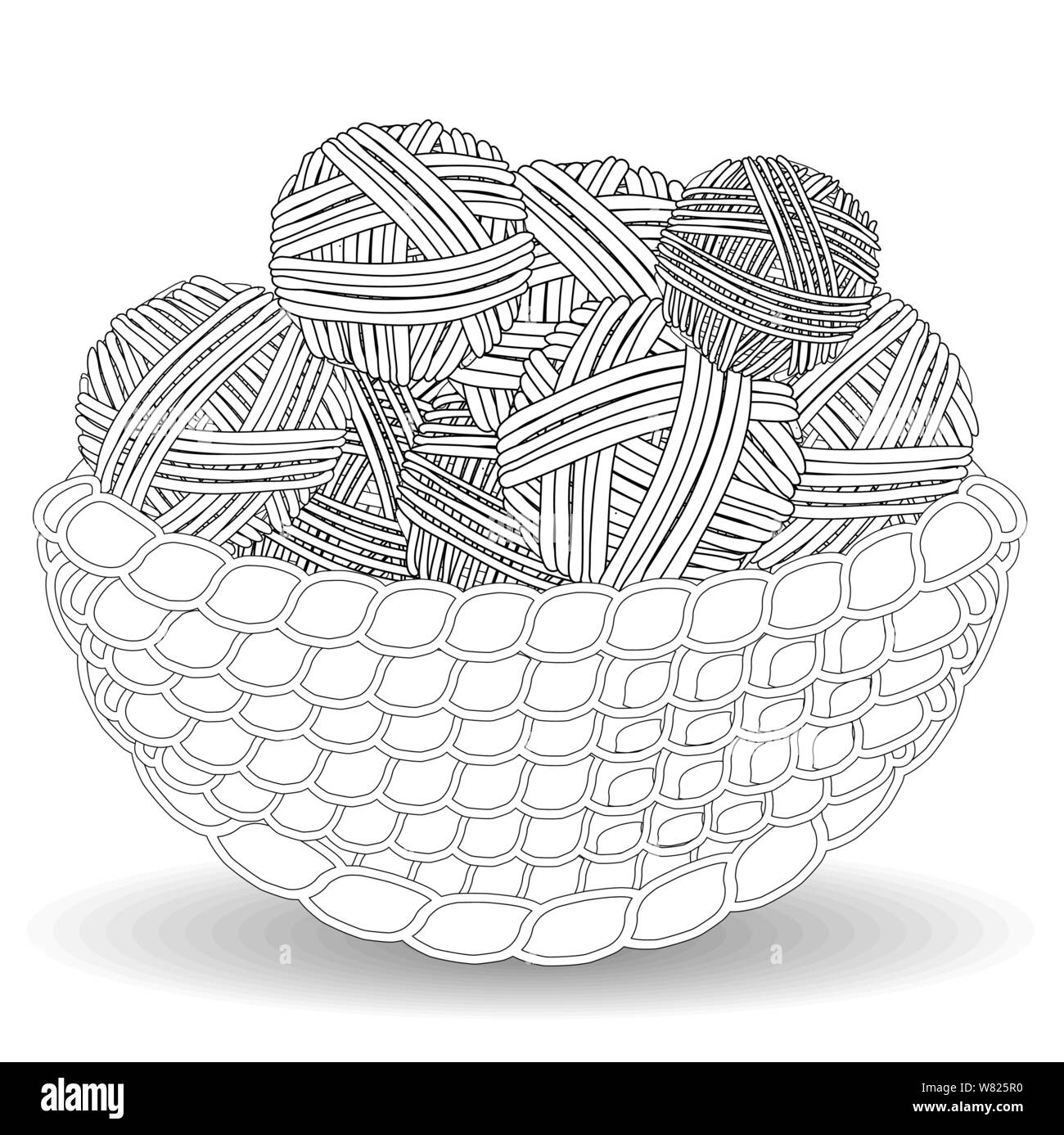 Basket with tangles of balls of wool. Coloring for adults and children ...