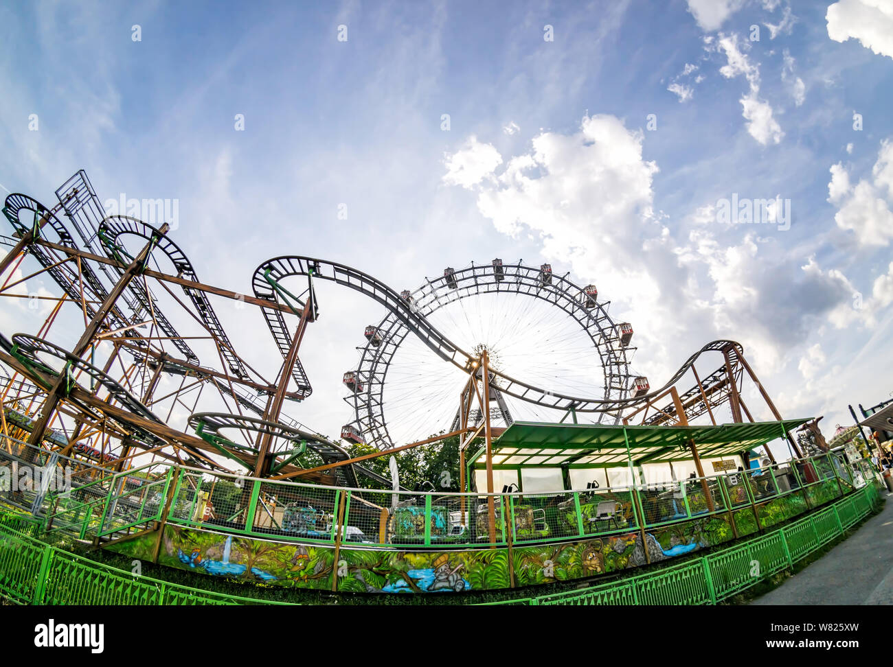 Vienna Austria July.26 2019: Wide angle view of Big ferris wheel ...