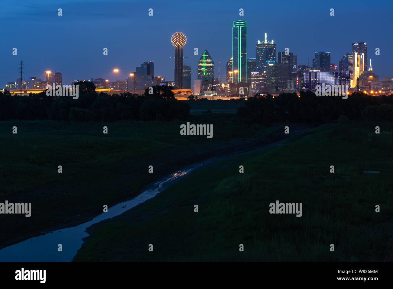 View of the Dallas, Texas skyline at night from the south looking north ...