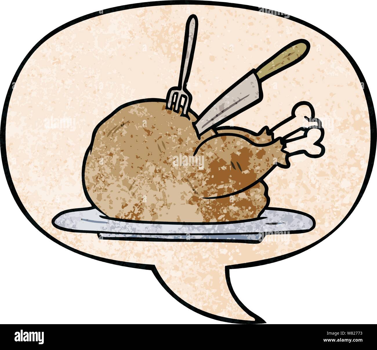 cartoon cooked turkey being carved with speech bubble in retro texture ...