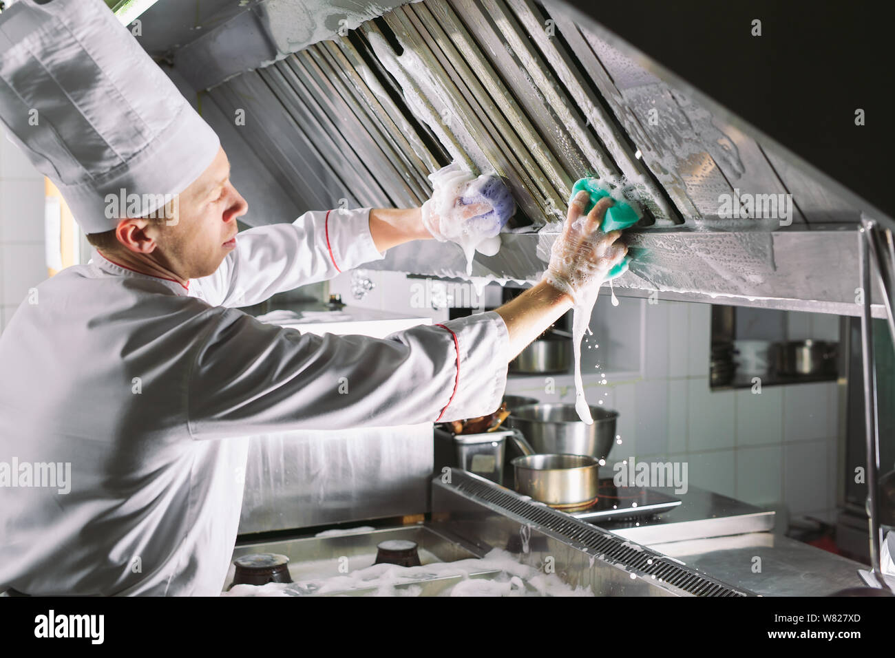 Sanitary day in the restaurant. Repeats wash your workplace. Cooks wash ...