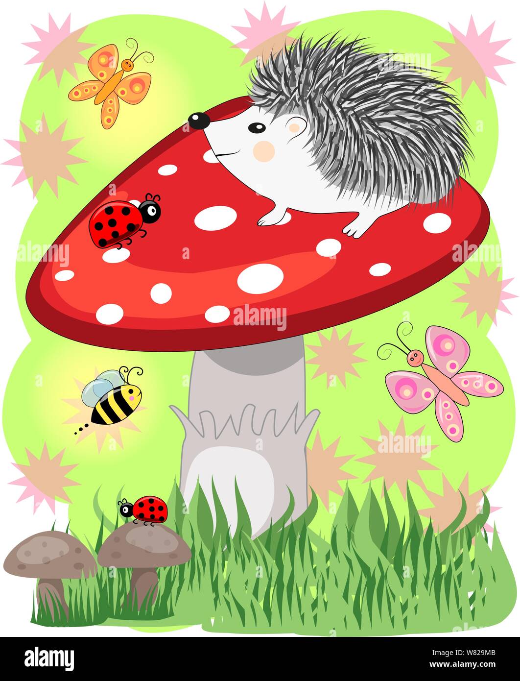 Lovely Cartoon hedgehog sits on a fly agaric mushroom, baby card Stock ...