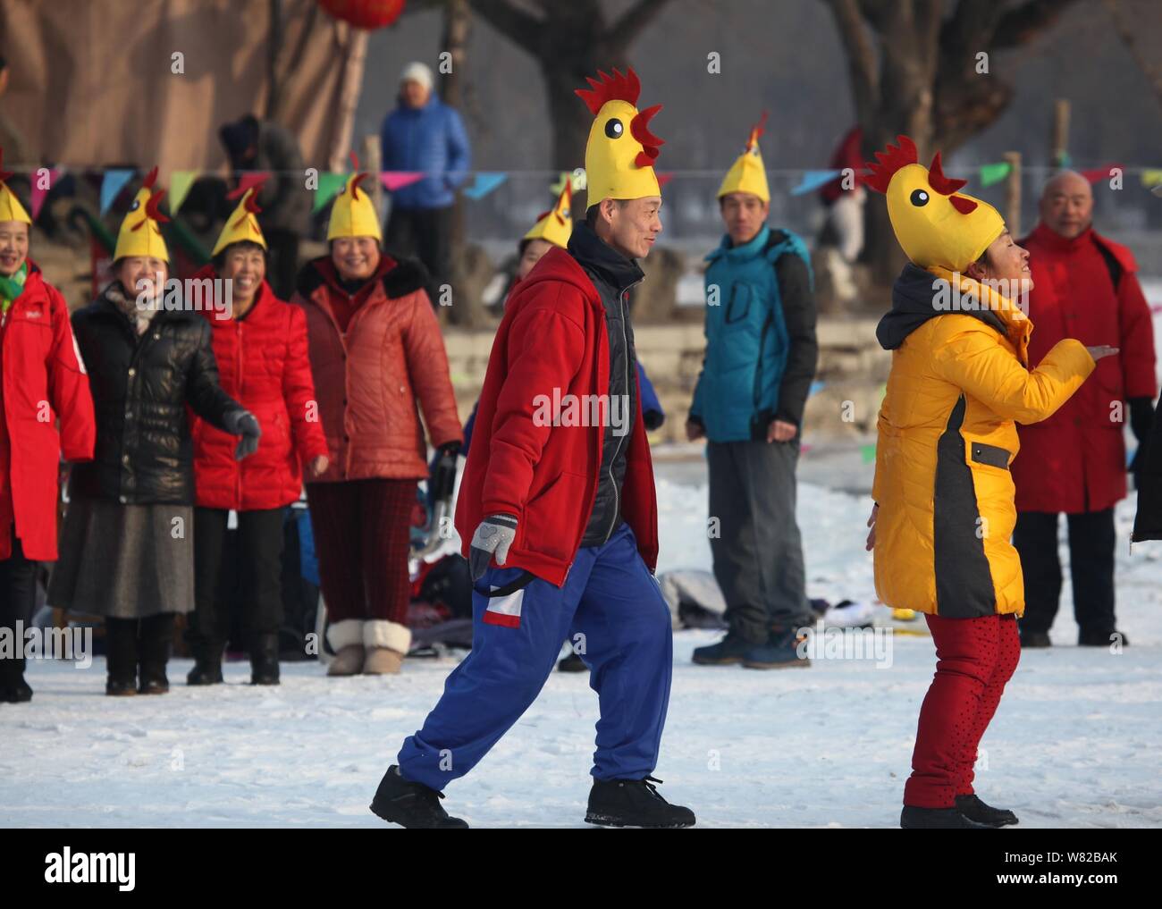 Chinese winter swimmers dressed as roosters perform before swimming in ...