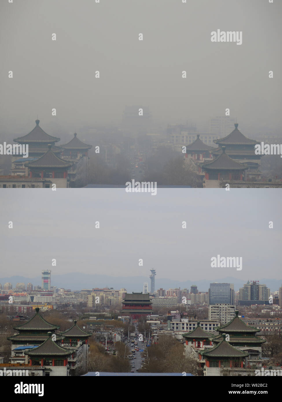 This composite photo shows the Beijing Drum Tower, also known as Gulou ...