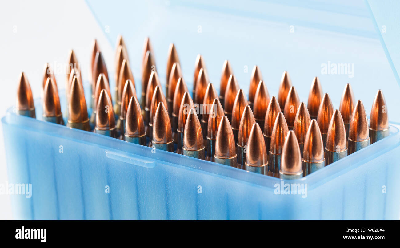 Hunting cartridges in a plastic box. Bullet storage box Stock Photo - Alamy