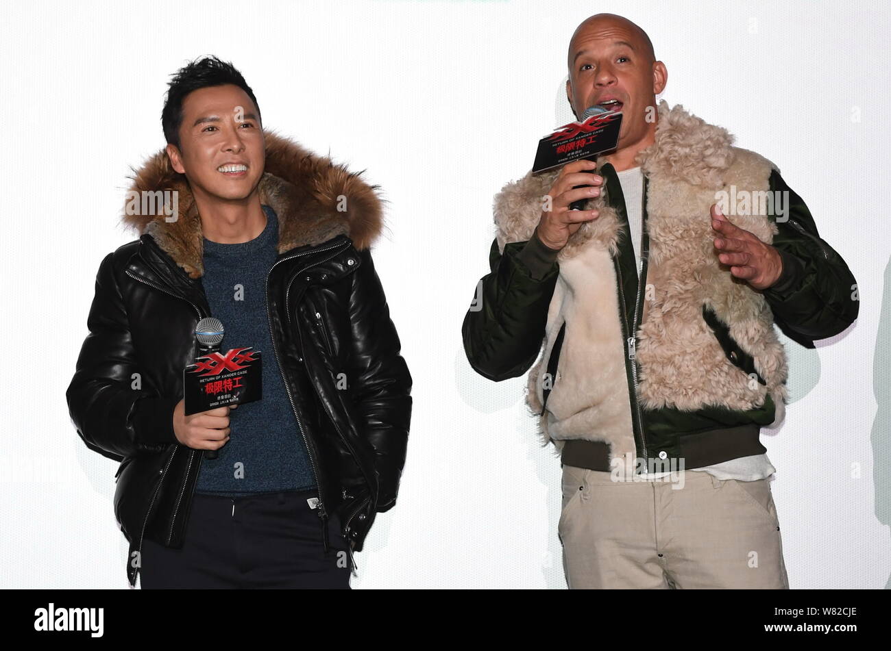 American actor Vin Diesel, right, speaks next to Hong Kong actor Donnie ...