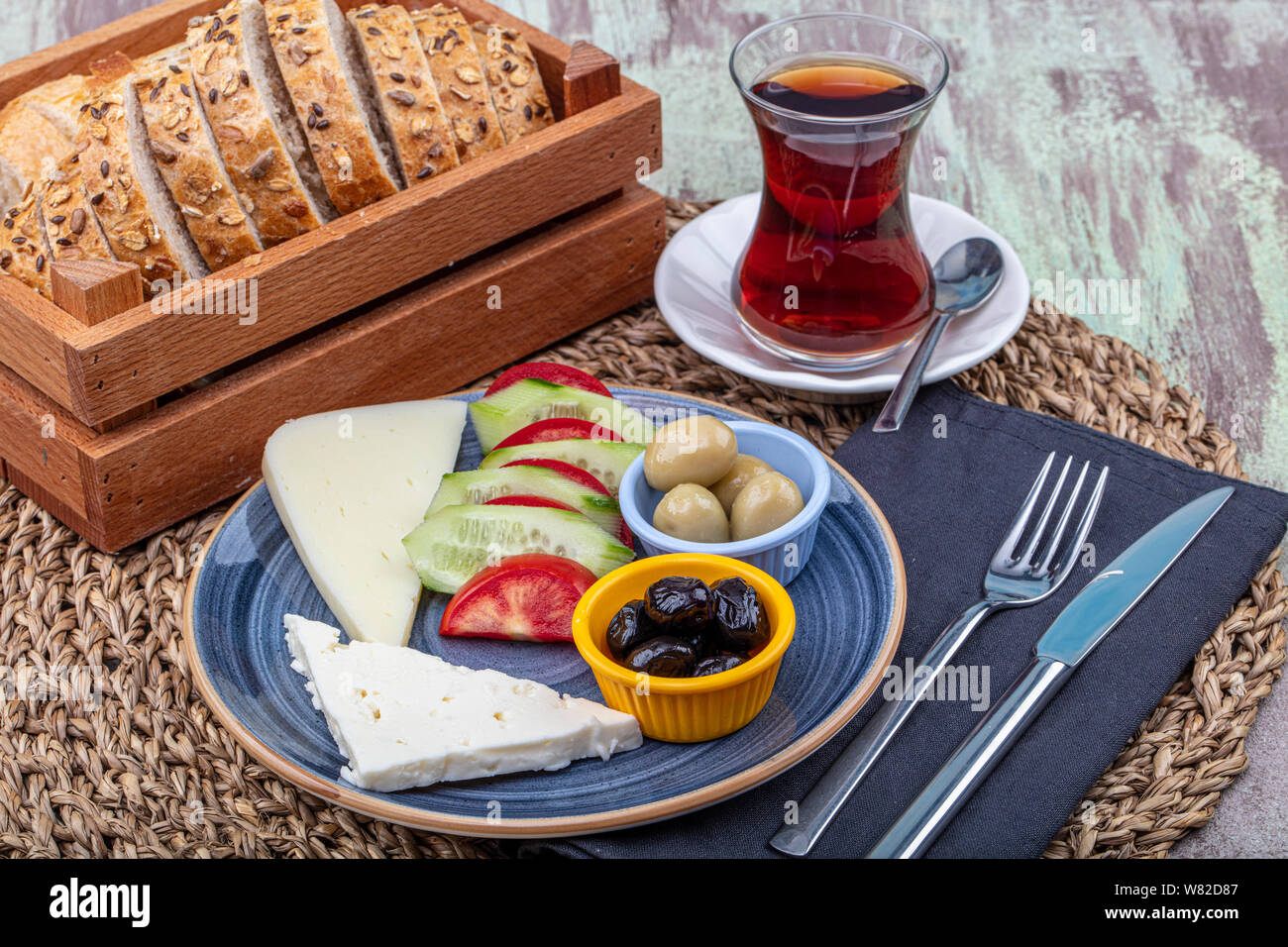 Traditional Turkish breakfast platter on the table, top view. Healthy ...