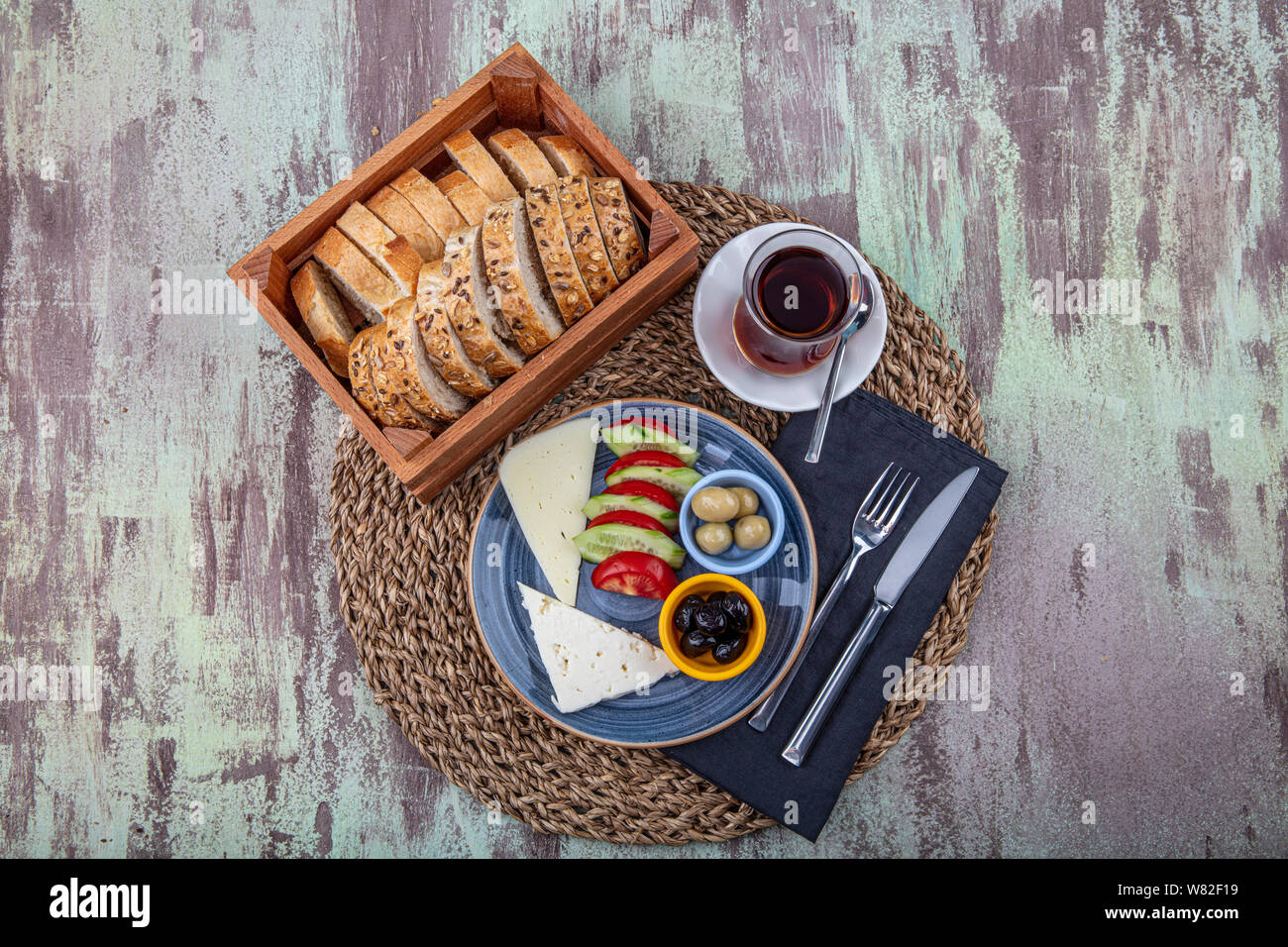 Traditional Turkish breakfast platter on the table, top view. Healthy ...