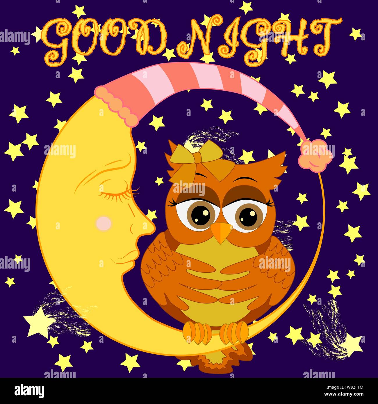 A sweet cartoon pink owl in a sleeping cap relaxes sitting on a ...