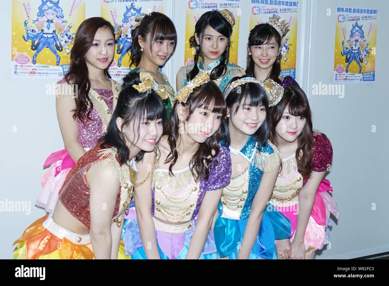 Members of Japanese idol girl group SKE48 pose during the 2017 "C3 X ...