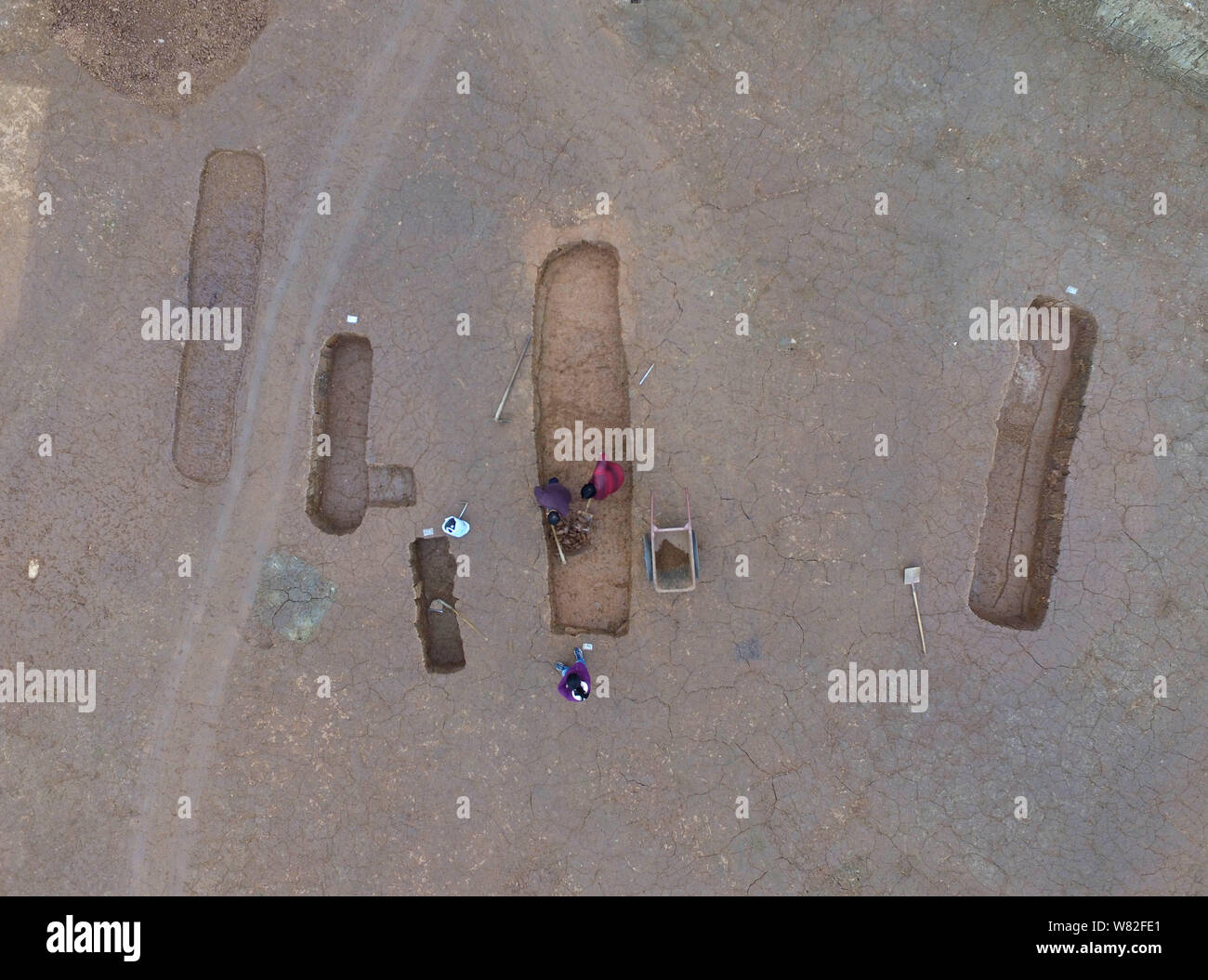 Aerial view of the excavation site of a large cluster of 2,200-year-old ...