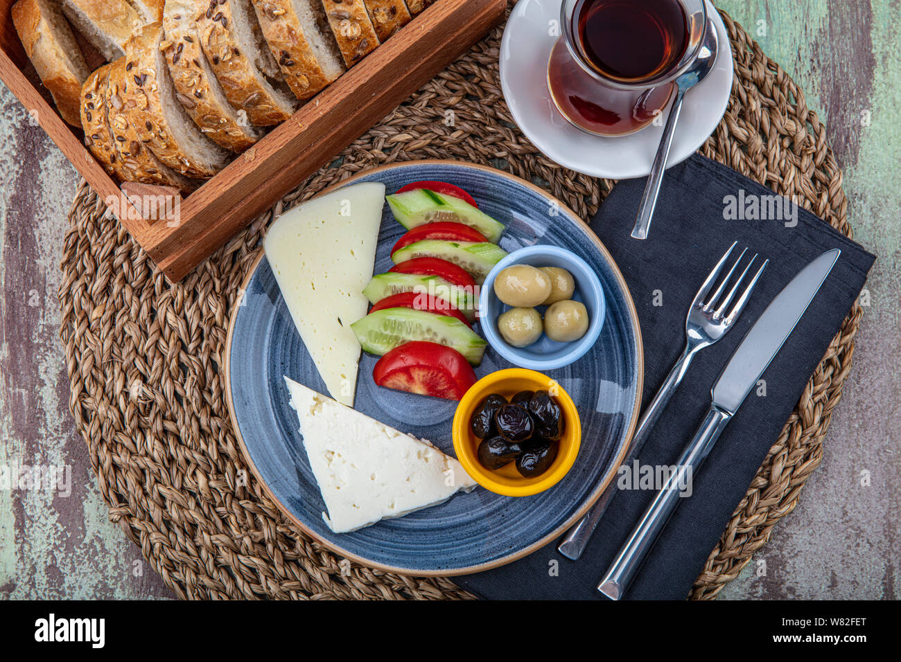 Traditional Turkish breakfast platter on the table, top view. Healthy ...