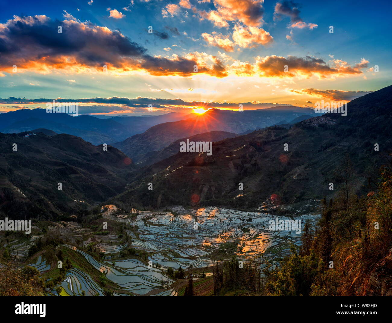 Landscape of terraced rice fields of the Honghe Hani Rice Terraces, one ...